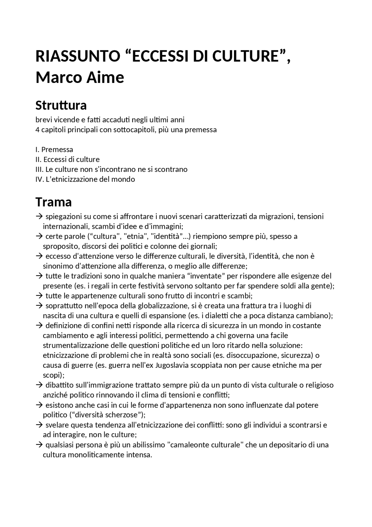 Marco Aime Eccessi Di Culture Riassunto Schematico Docsity