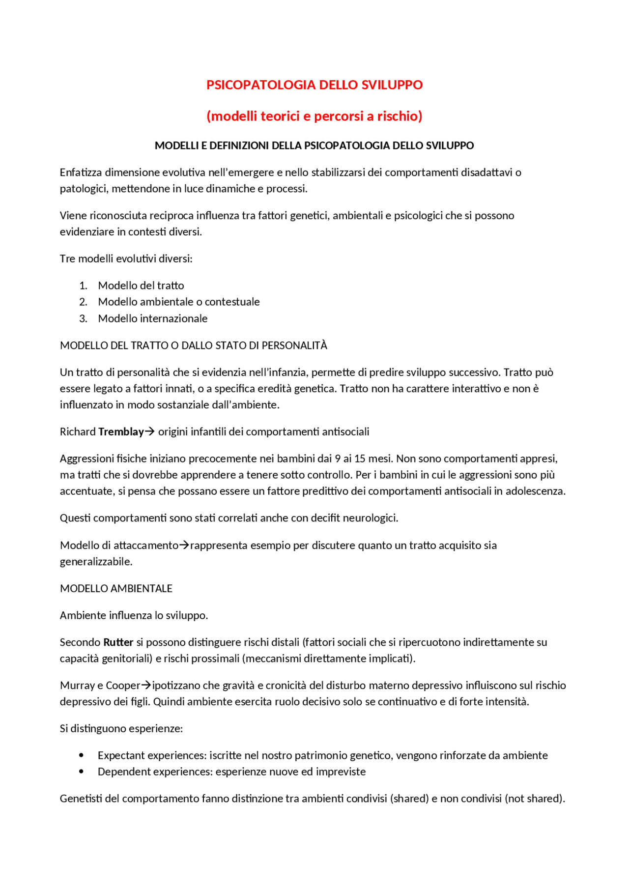Psicopatologia dello sviluppo - modelli teorici e percorsi a rischio - Docsity
