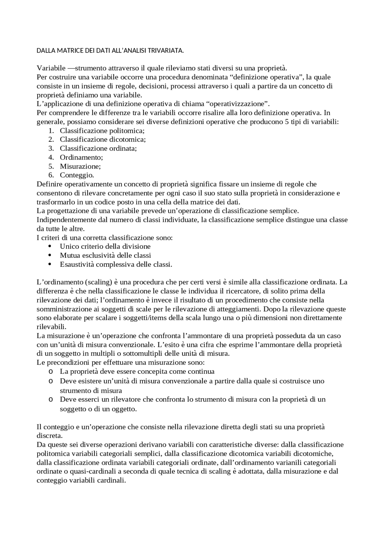 Dalla Matrice Dei Dati Allanalisi Trivariata Docsity