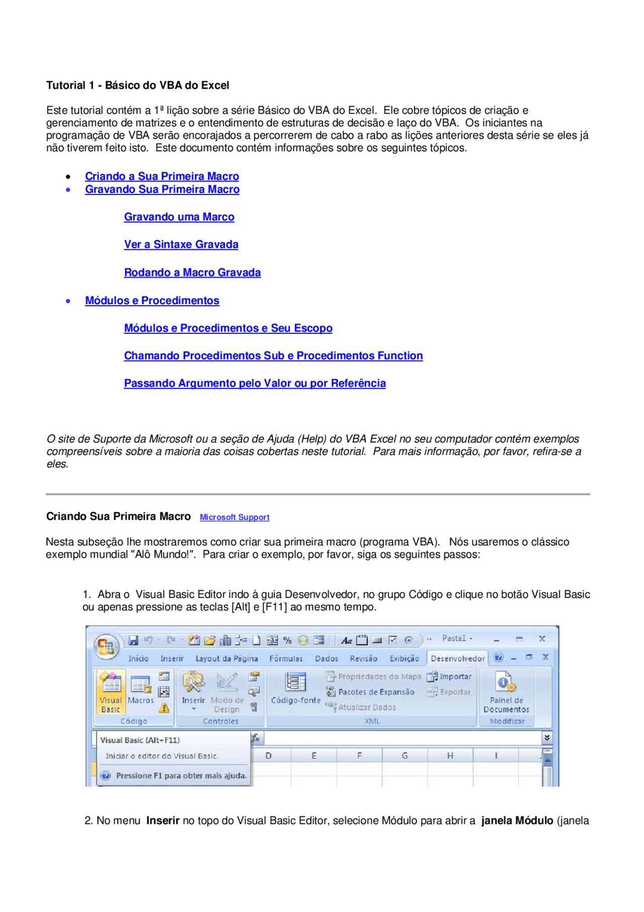 Vba Para Iniciantes Na Programação De Aplicativos Da Microsoft Docsity