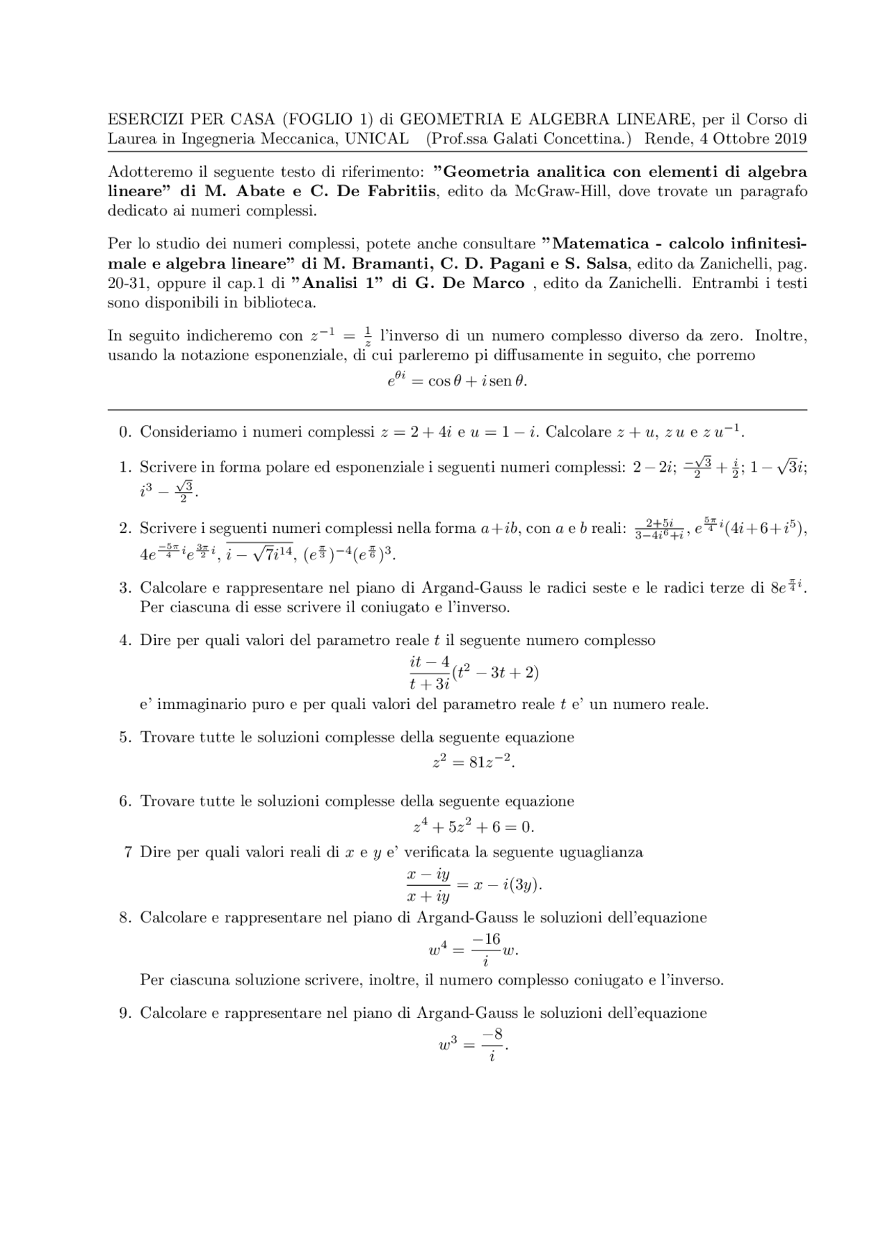 Numeri Complessi Esercizi Esercizi Di Algebra Lineare E Geometria