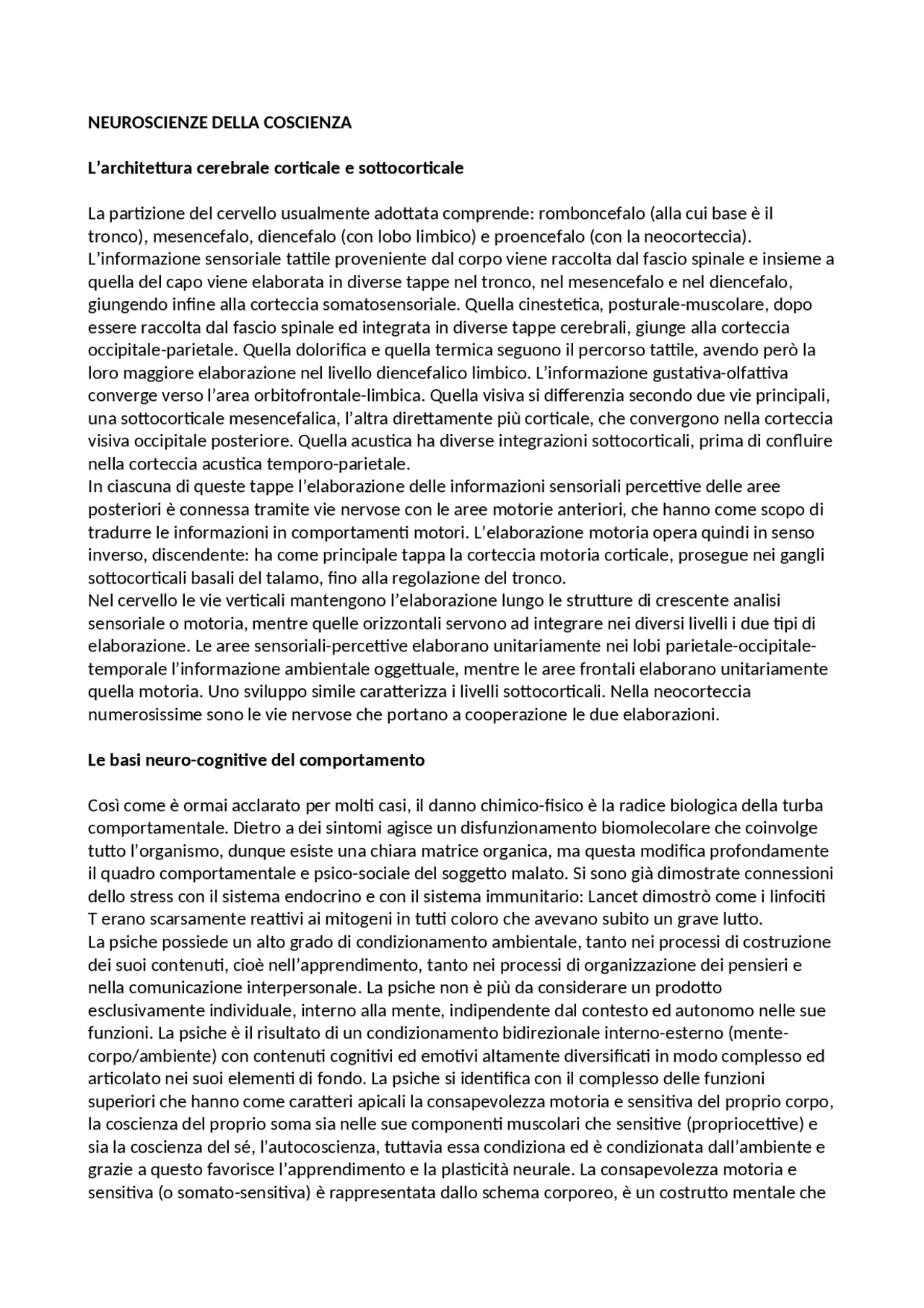 Riassunto Le Basi Neuro Cognitive Del Comportamento Docsity