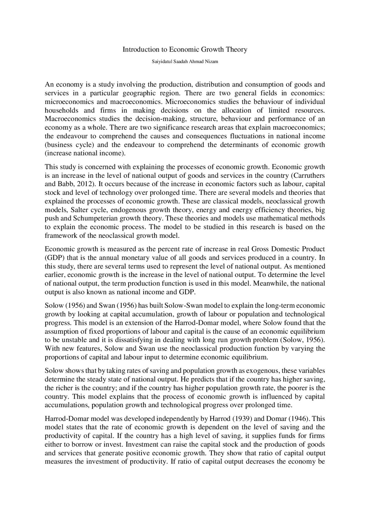 Introduction to Economic Growth Theory - Docsity