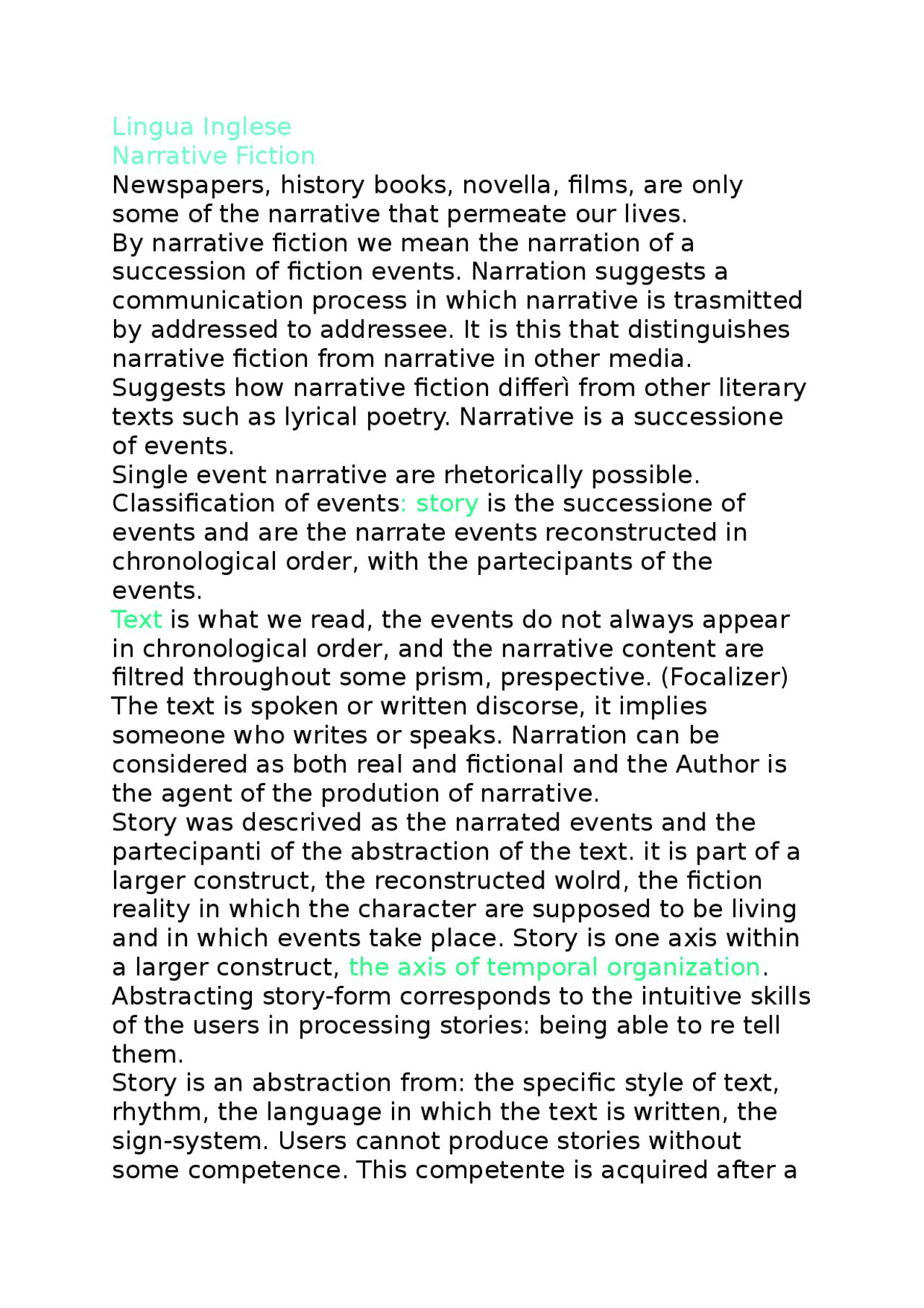 Narrative Fiction Riassunto Docsity