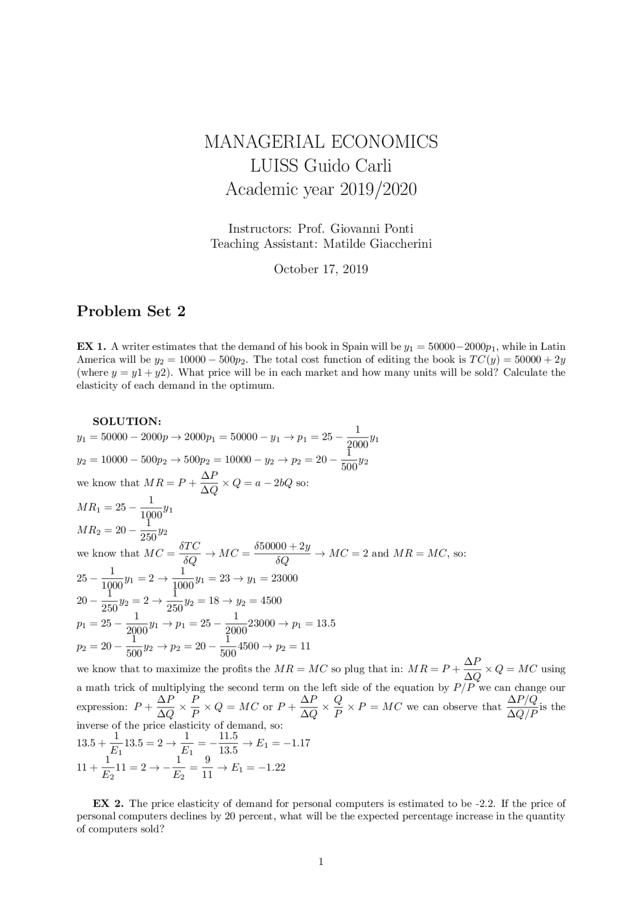 Problem Set 2 Managerial Economics Docsity