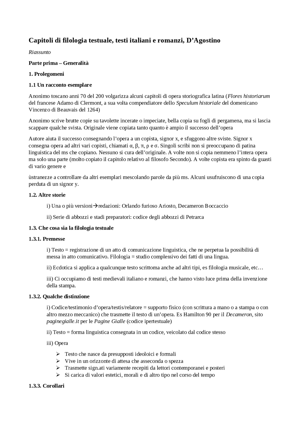 Riassunto Manuale Dagostino Capitoli Di Filologia Testuale Docsity