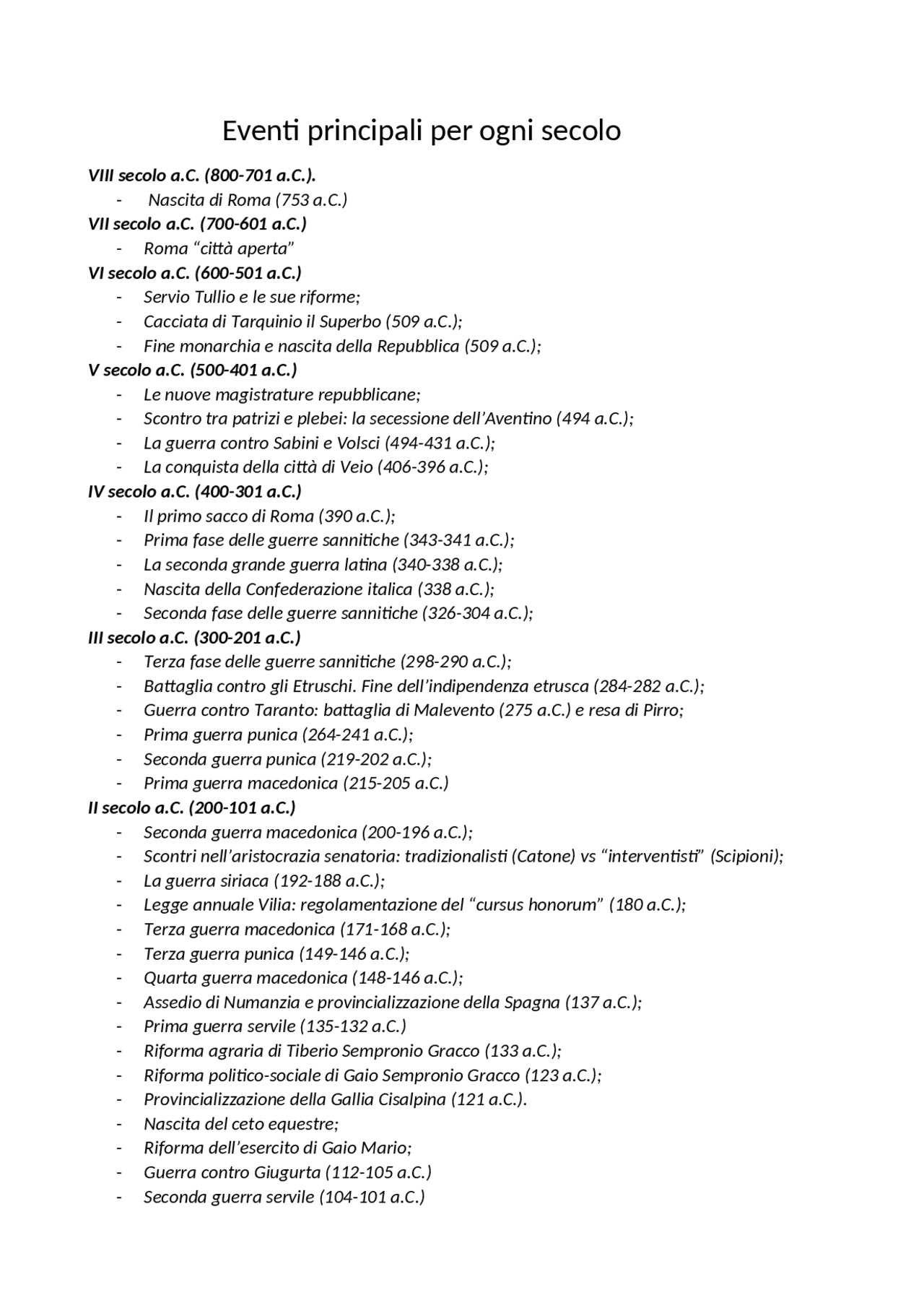 Eventi Principali Di Ogni Secolo Docsity