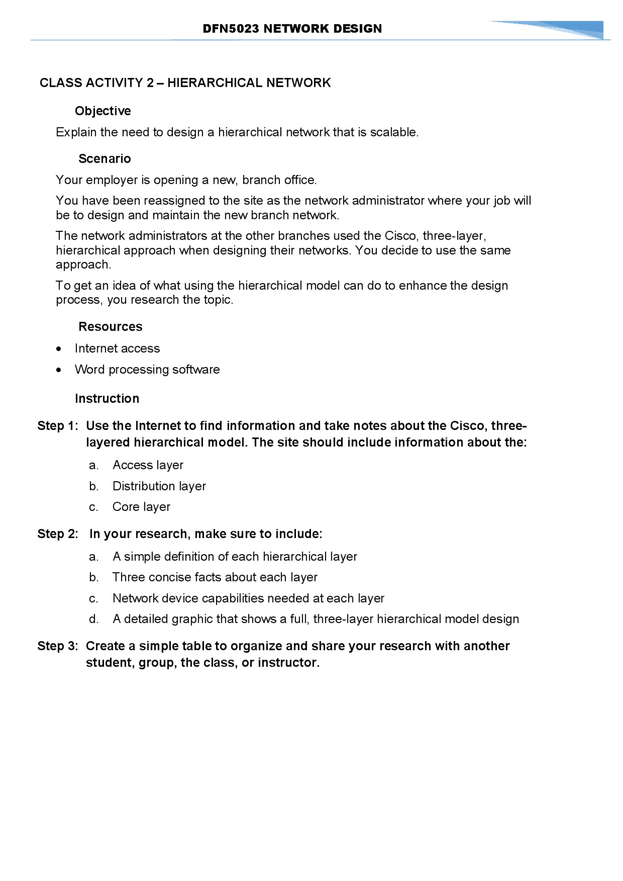 CLASS ACTIVITY 2 – HIERARCHICAL NETWORK | Exercises Technology | Docsity