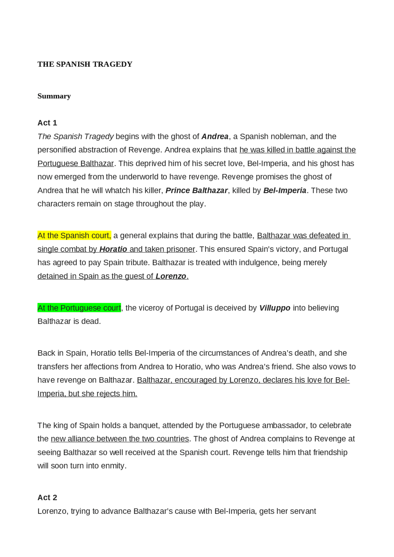 Riassunto the spanish Tragedy - T. Kyd - Docsity