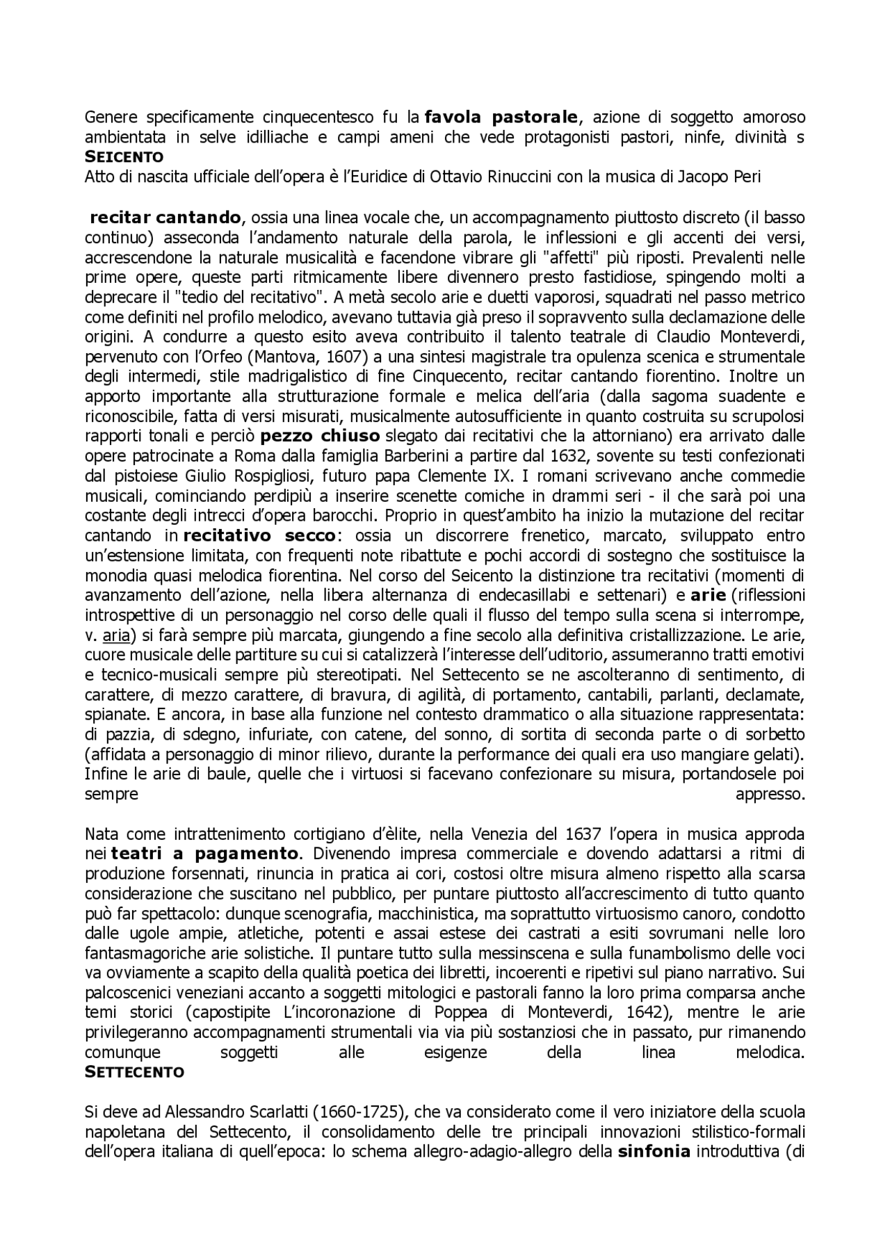 Appunti sulla storia del melodramma dal Seicento al Novecento - Docsity