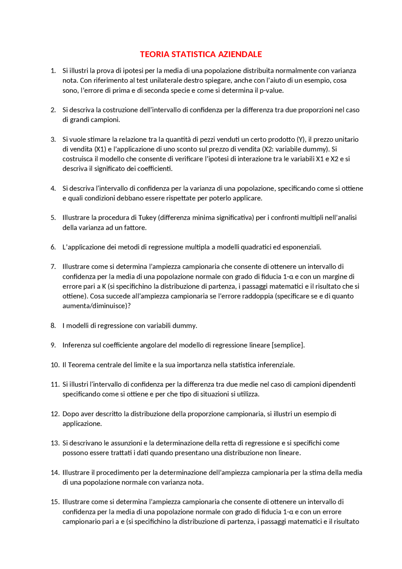 Domande Statistica Aziendale Docsity