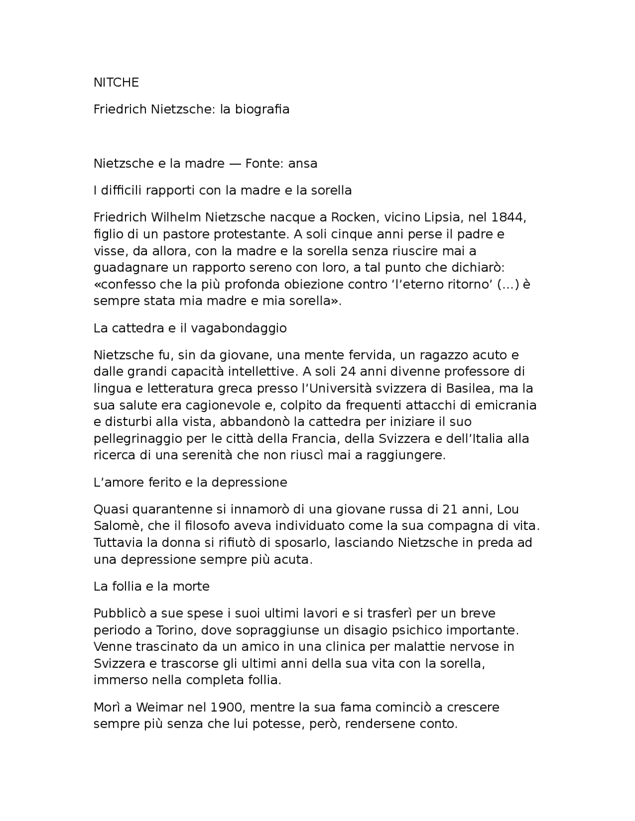 Riassunto Su Nietzsche Sintesi Del Corso Di Filosofia Docsity