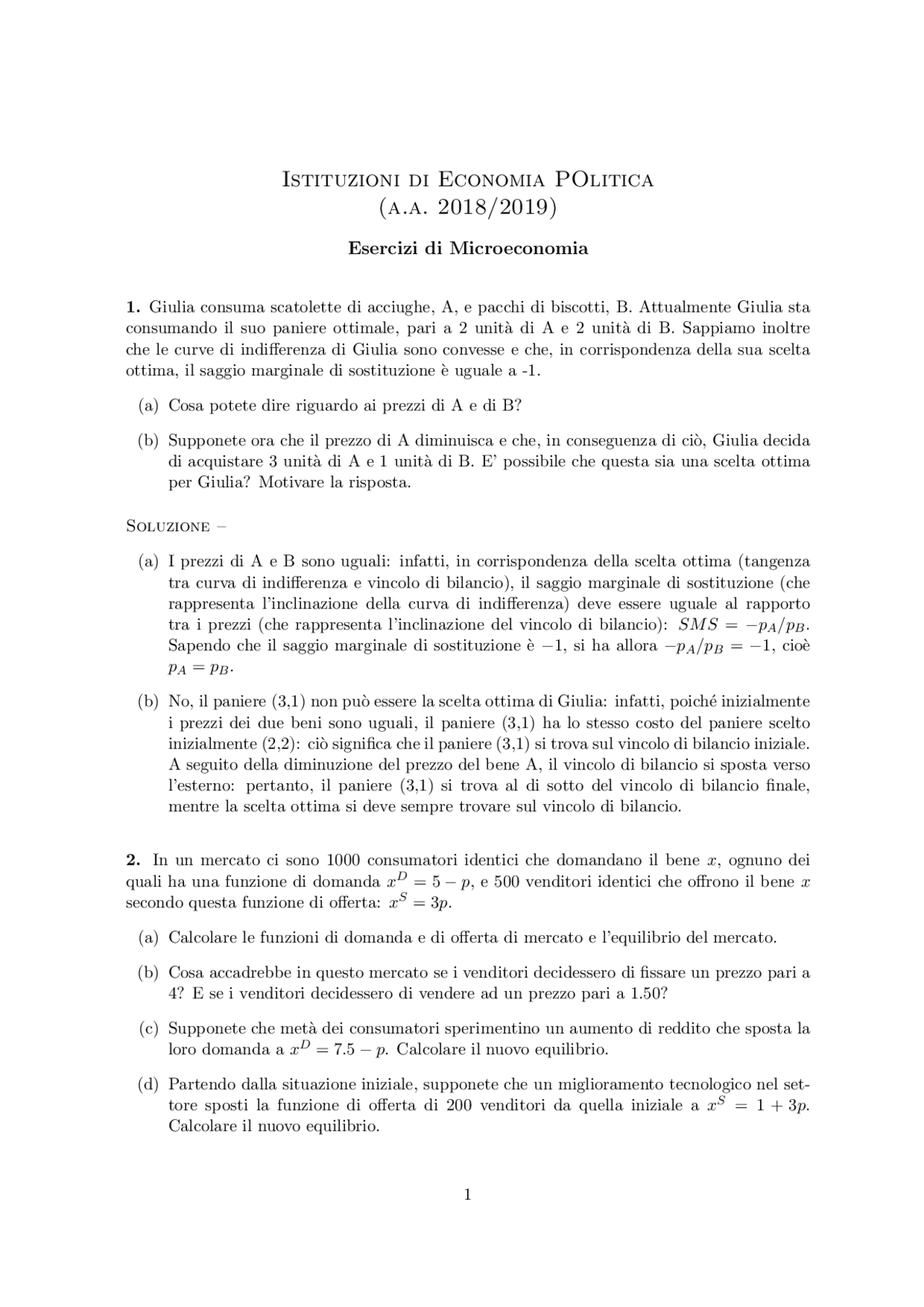 Esercitazioni Con Soluzione Microeconomia Docsity
