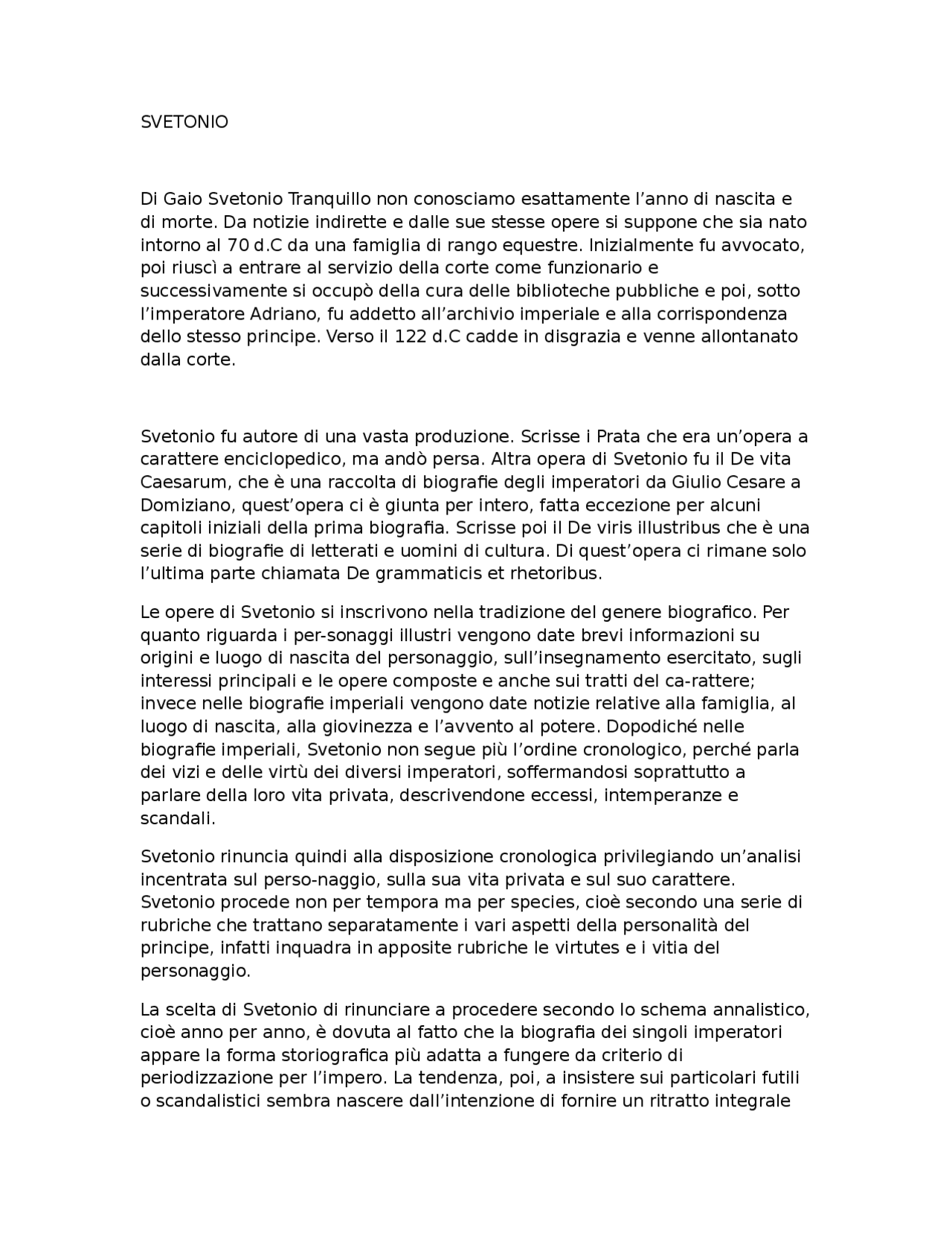 Riassunto Su Svetonio Lat Docsity