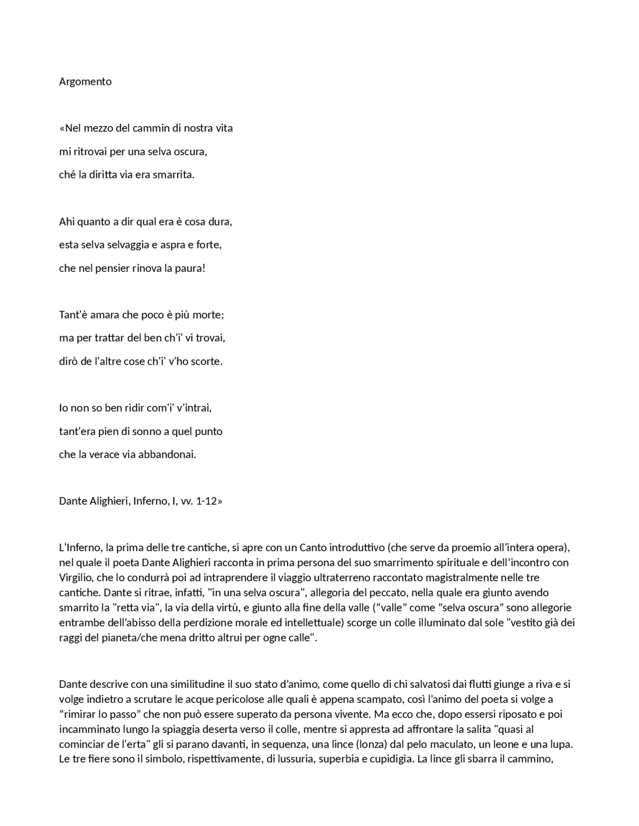 Info Argomento Divina Commedia Docsity