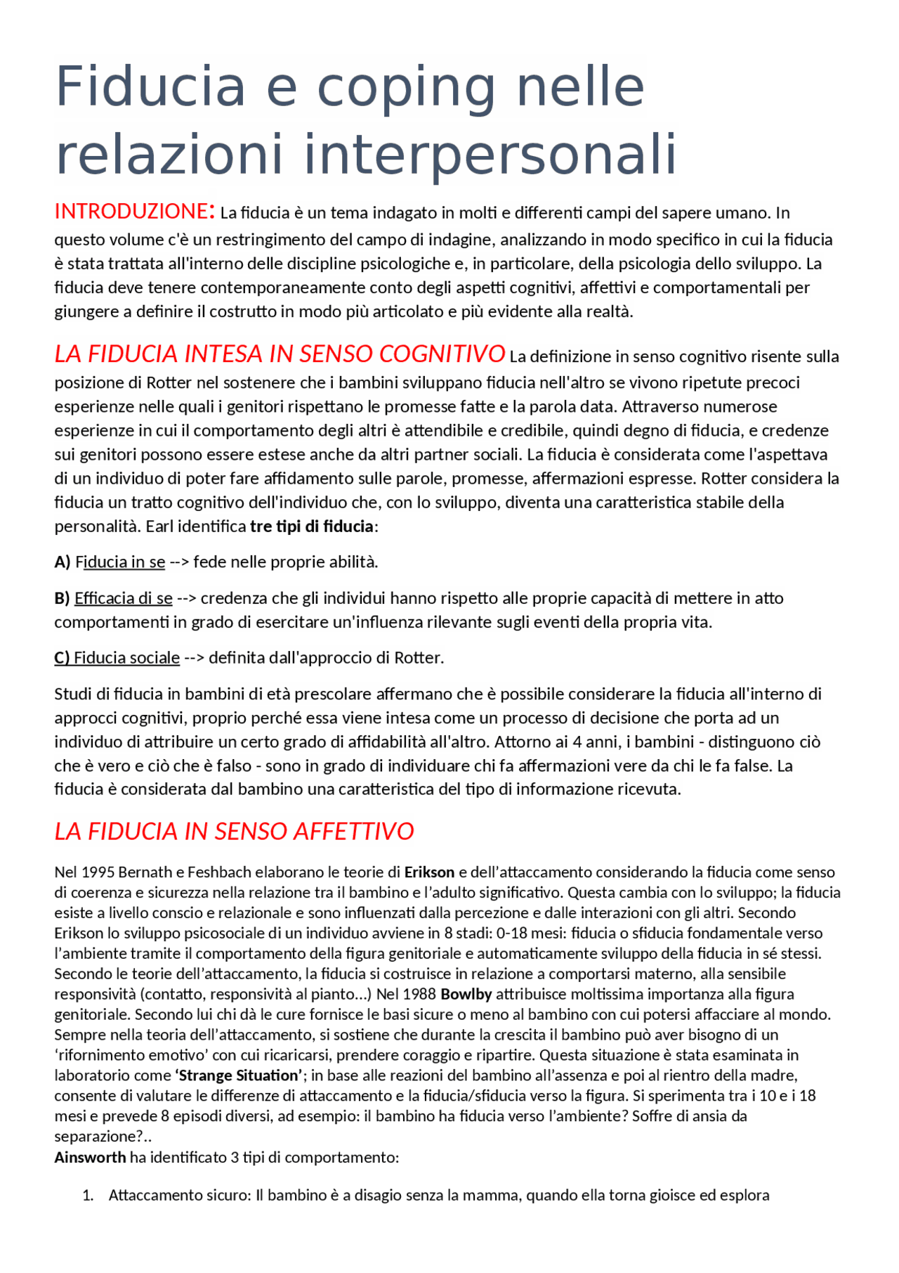 Fiducia E Coping Nelle Relazioni Interpersonali Docsity