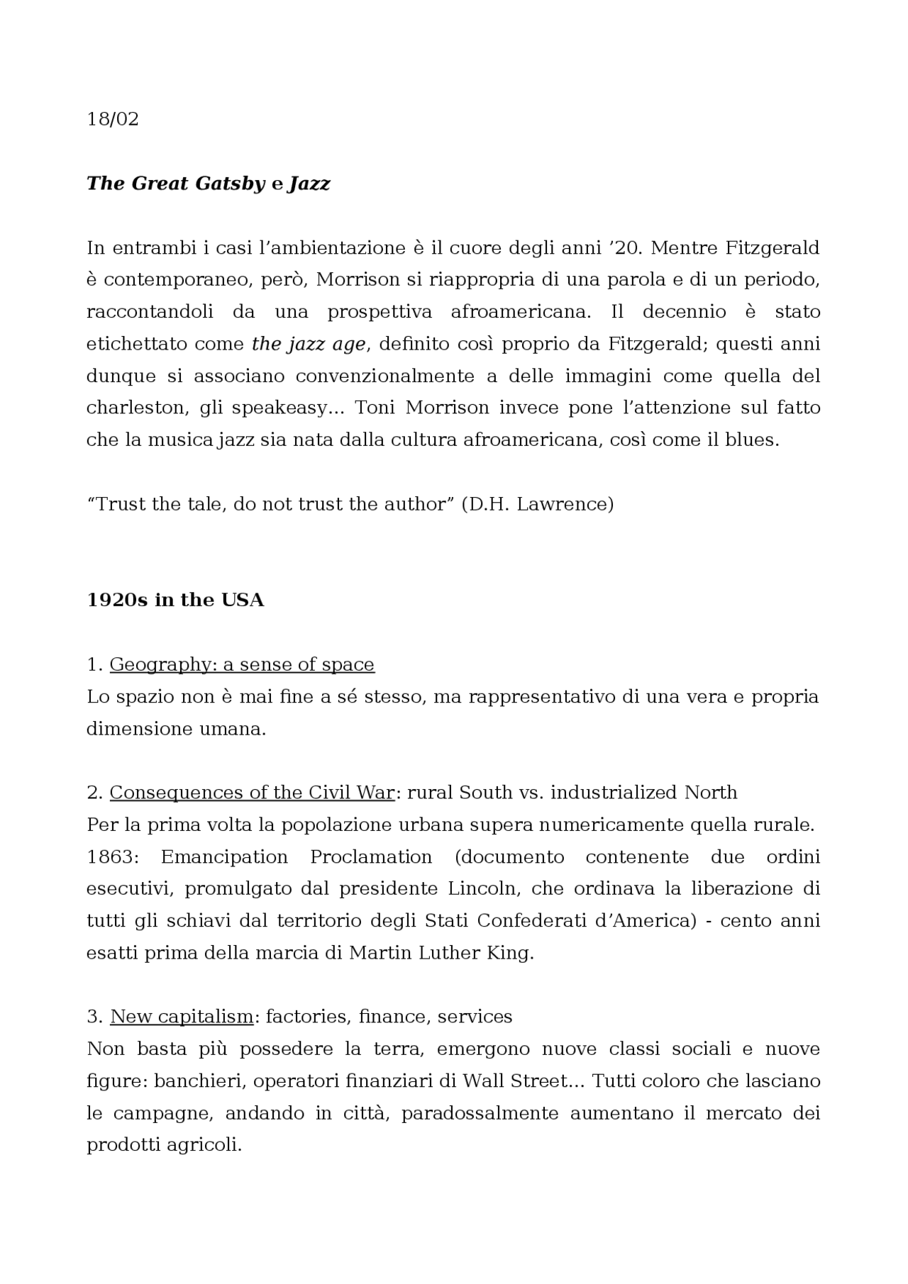Appunti Letteratura Inglese Gatsby E Jazz Docsity