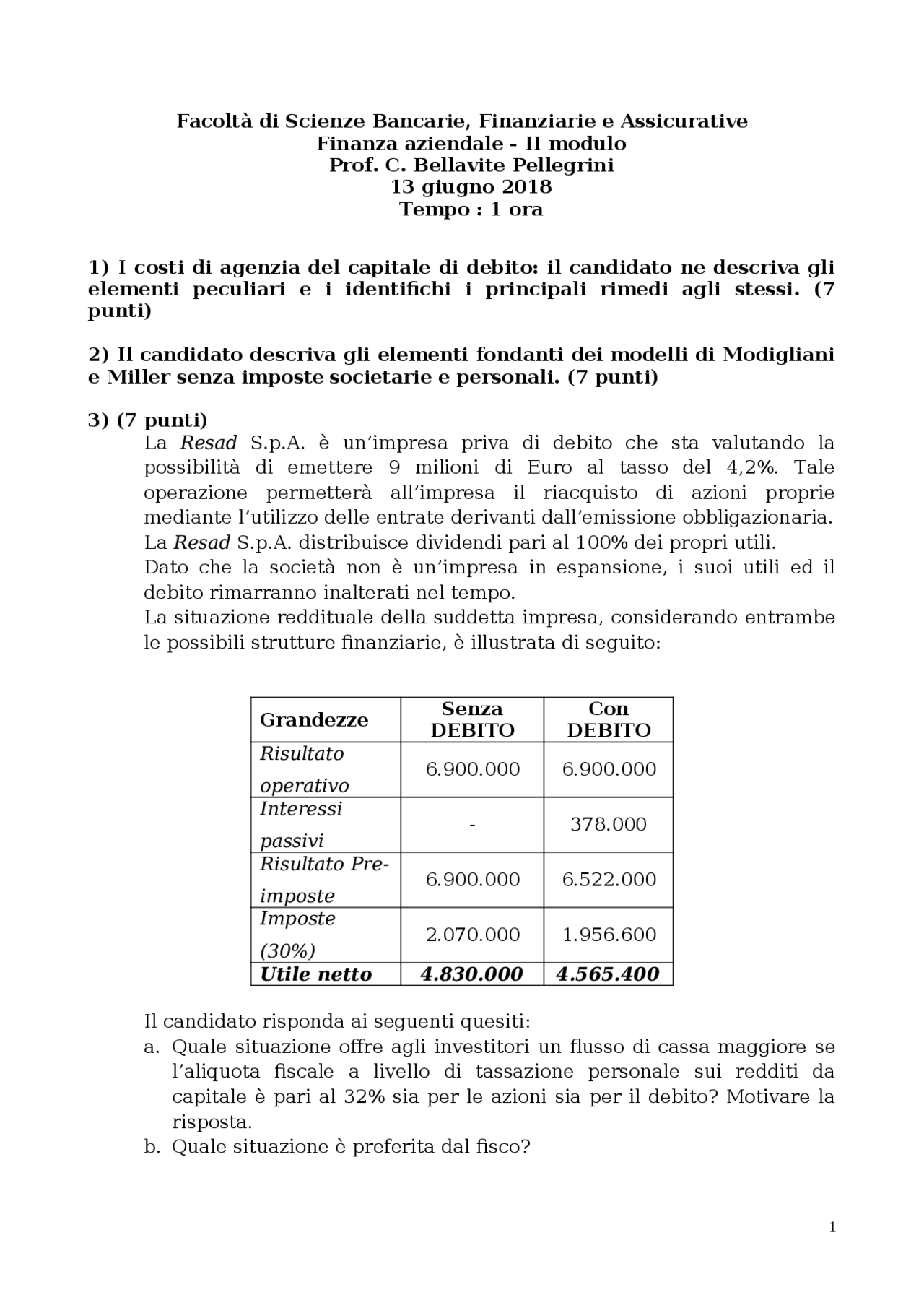 Prova Desame 2 Modulo Finanza Aziendale Prove Desame Di Finanza