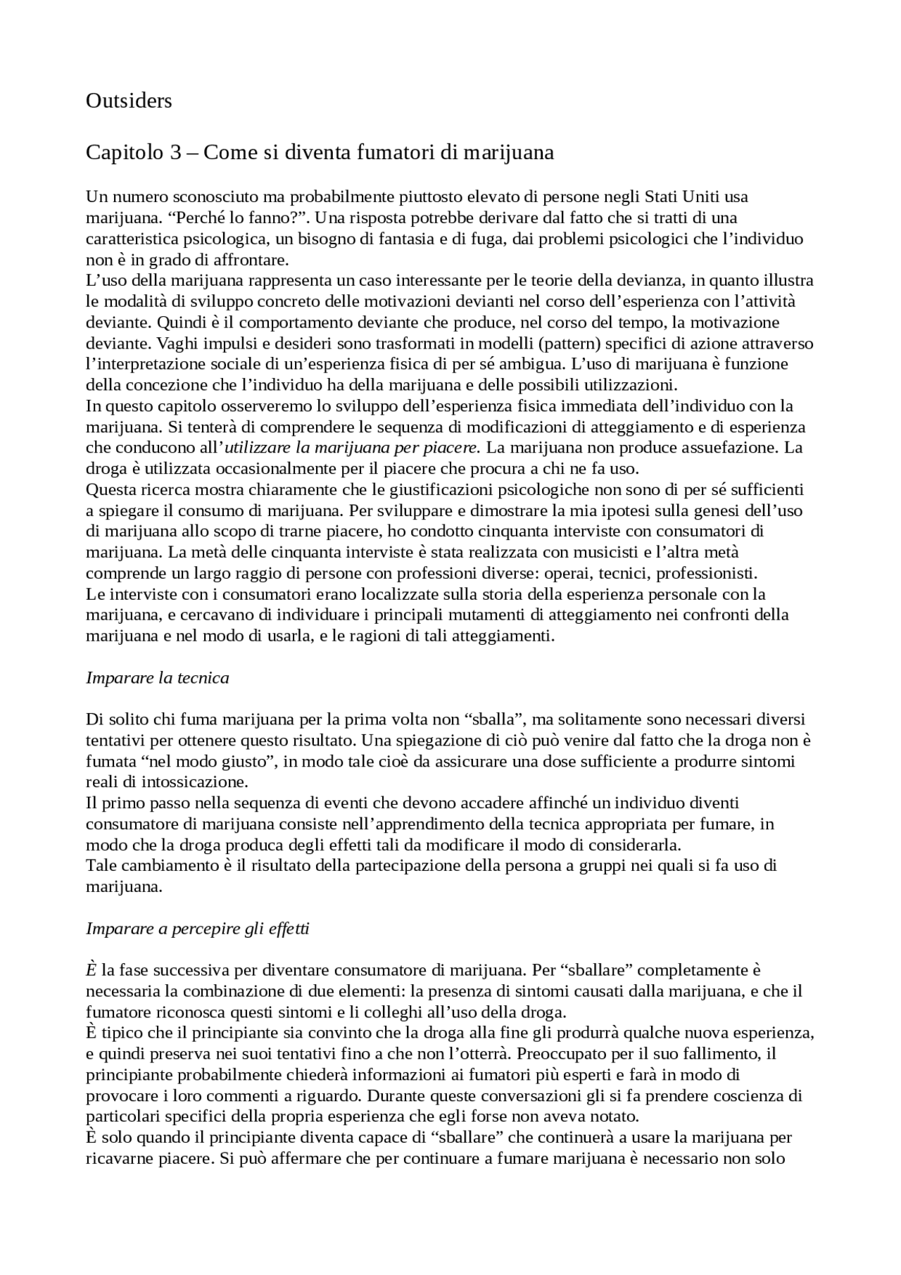 Outsiders - Studi di Sociologia della Devianza - Docsity