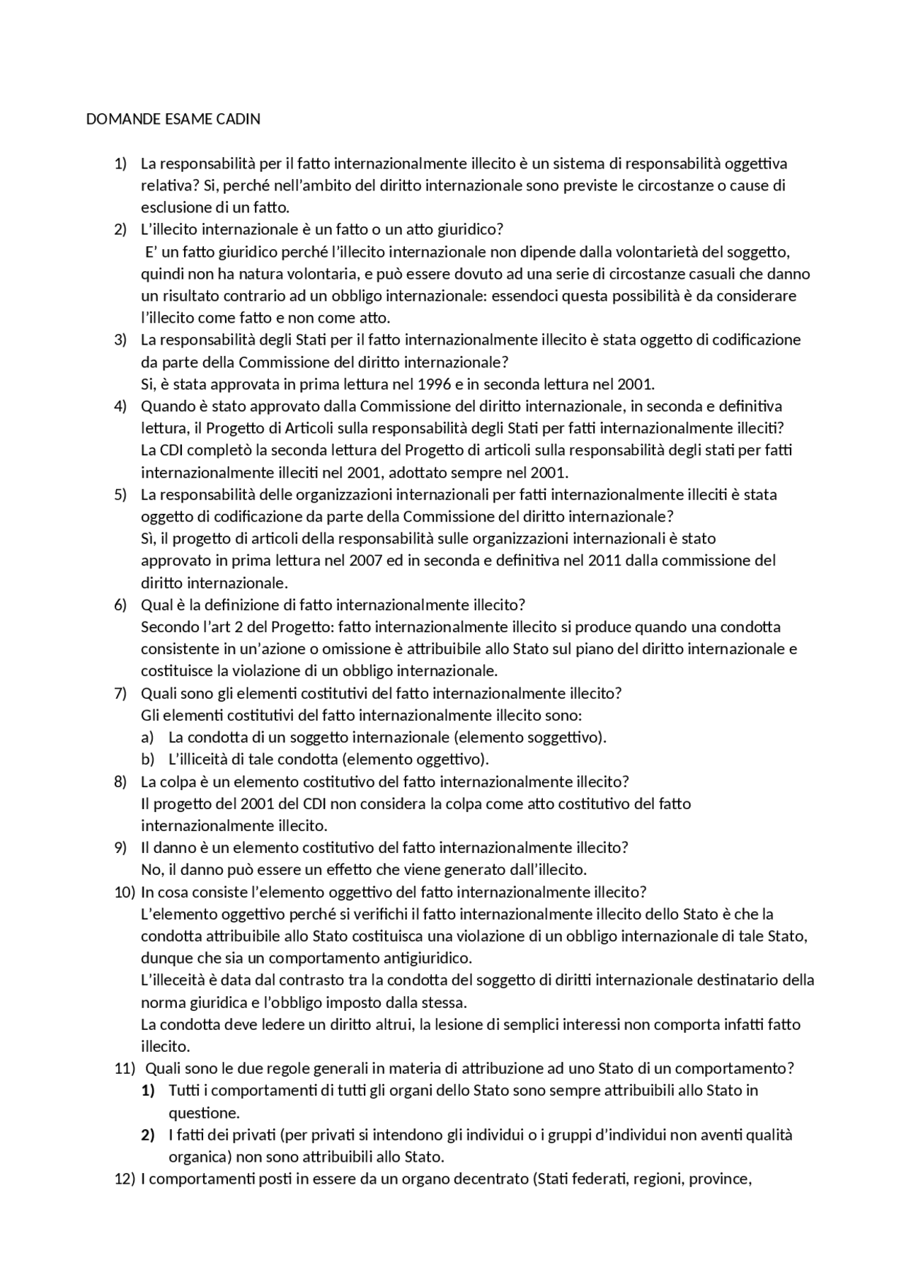 Domande E Risposte Dellesame Di Diritto Internazionale Con Il