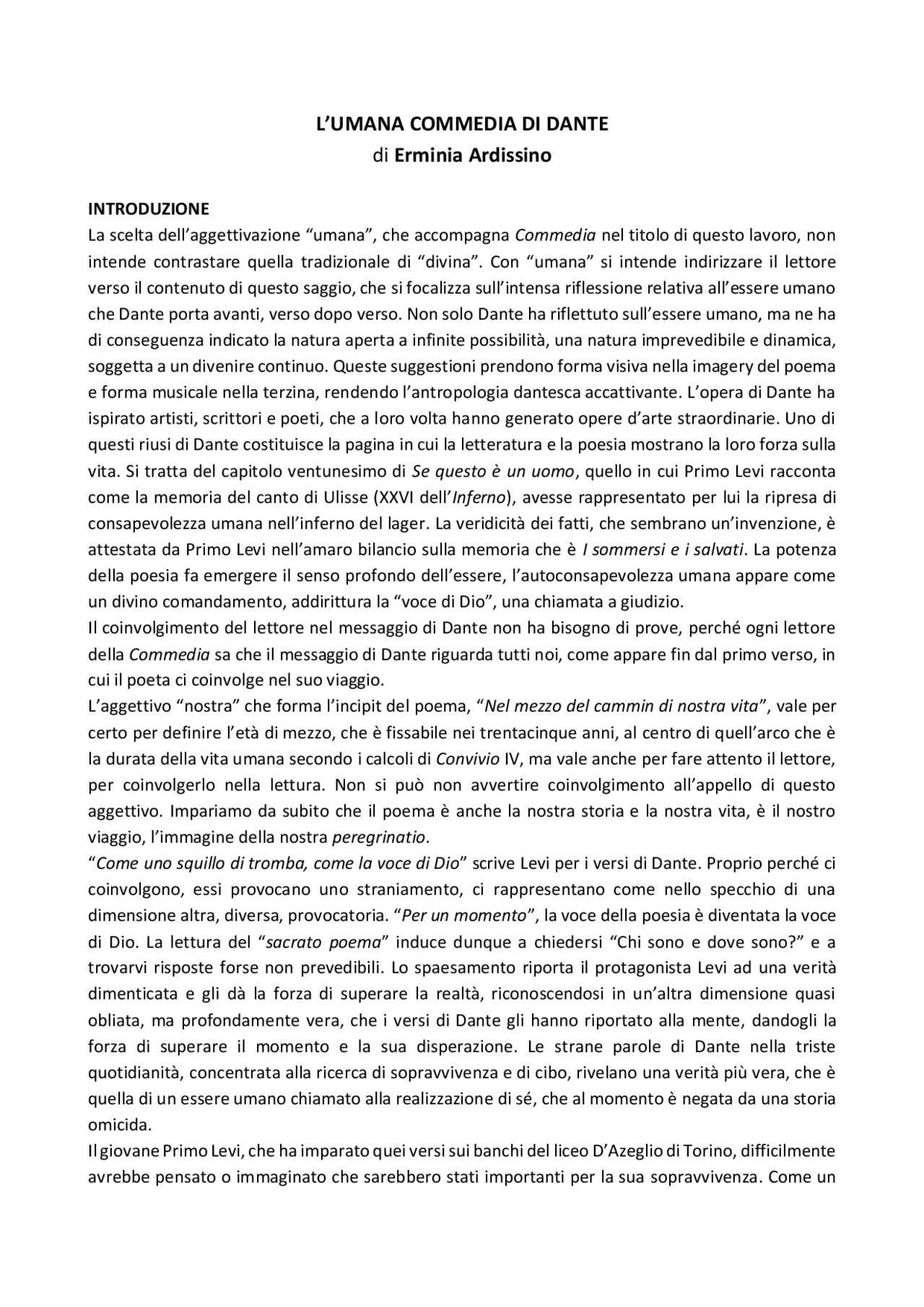 Lumana Commedia Di Dante Erminia Ardissino Docsity