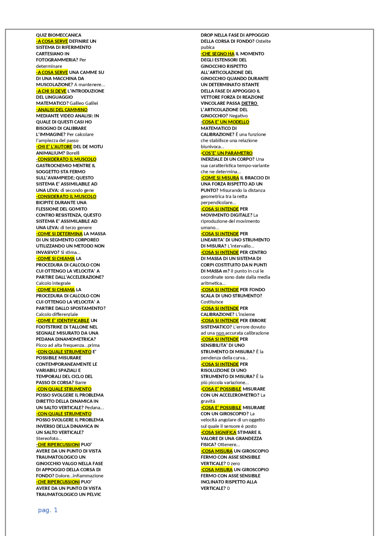 Biomeccanica Paniere Risposte Chiuse Esercizi Di Biologia Docsity