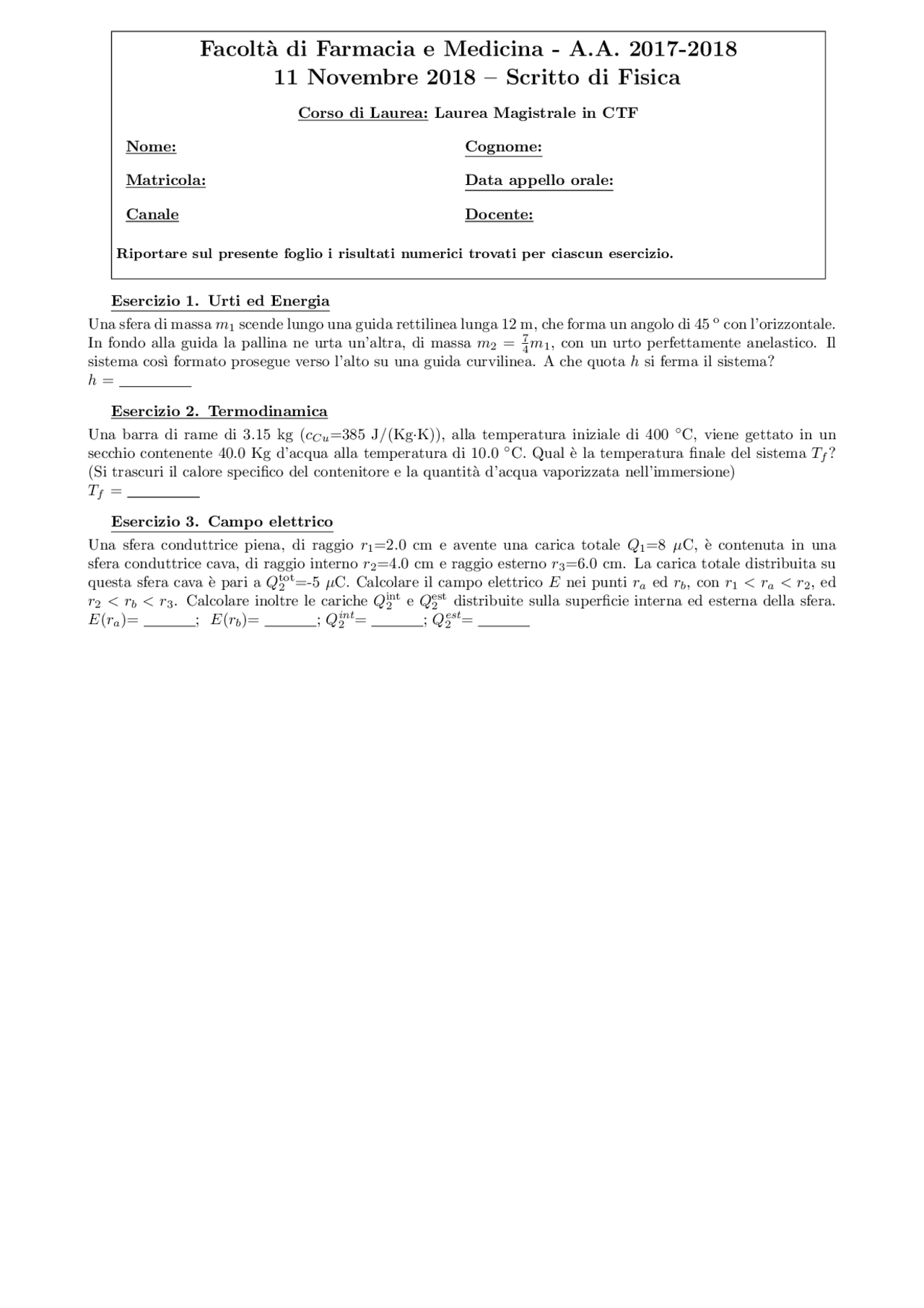 Esercizi Di Fisica Con Soluzioni Esercizi Di Fisica Docsity