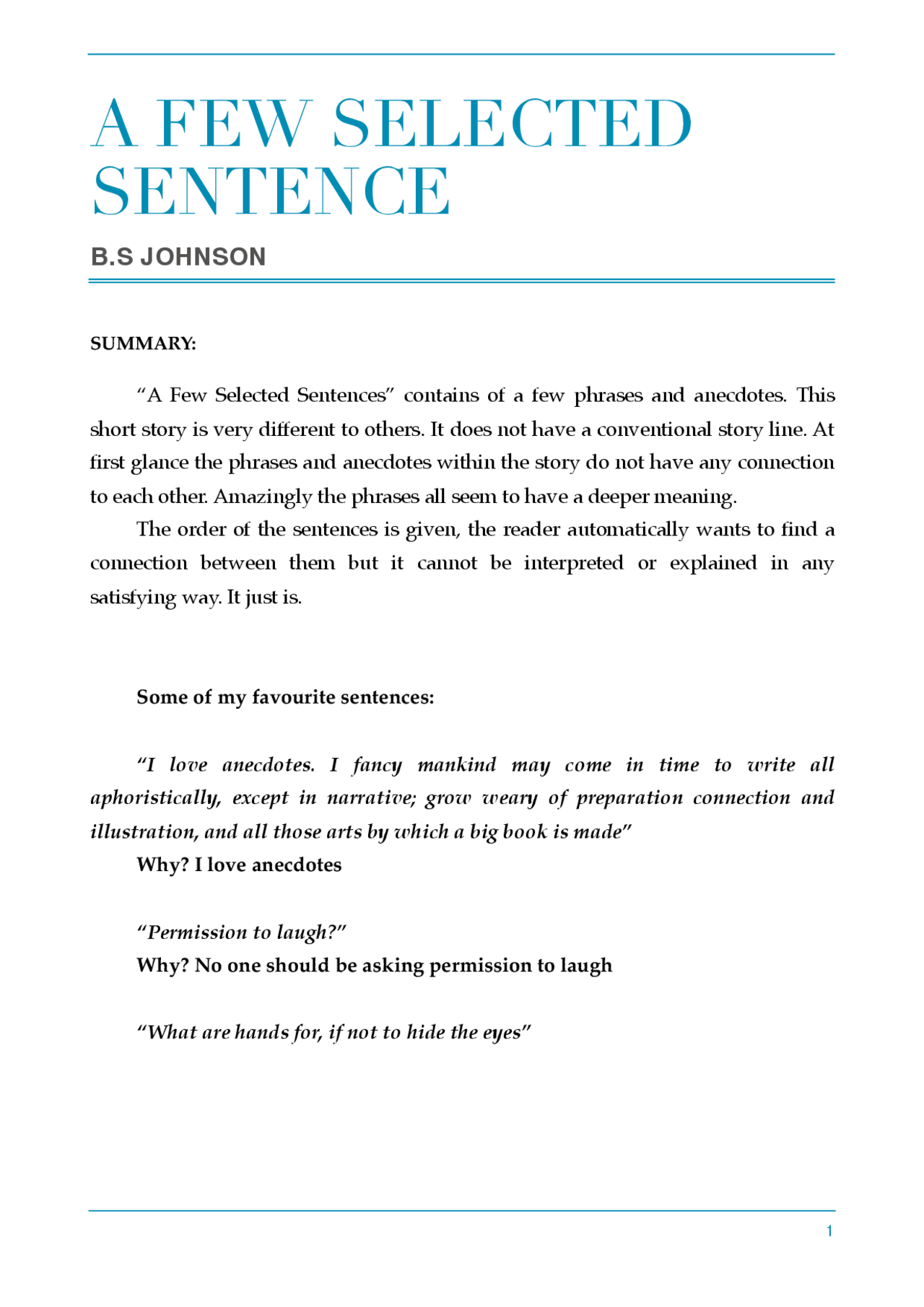 Riassunto Della Short Story A Few Selected Sentencences Sintesi