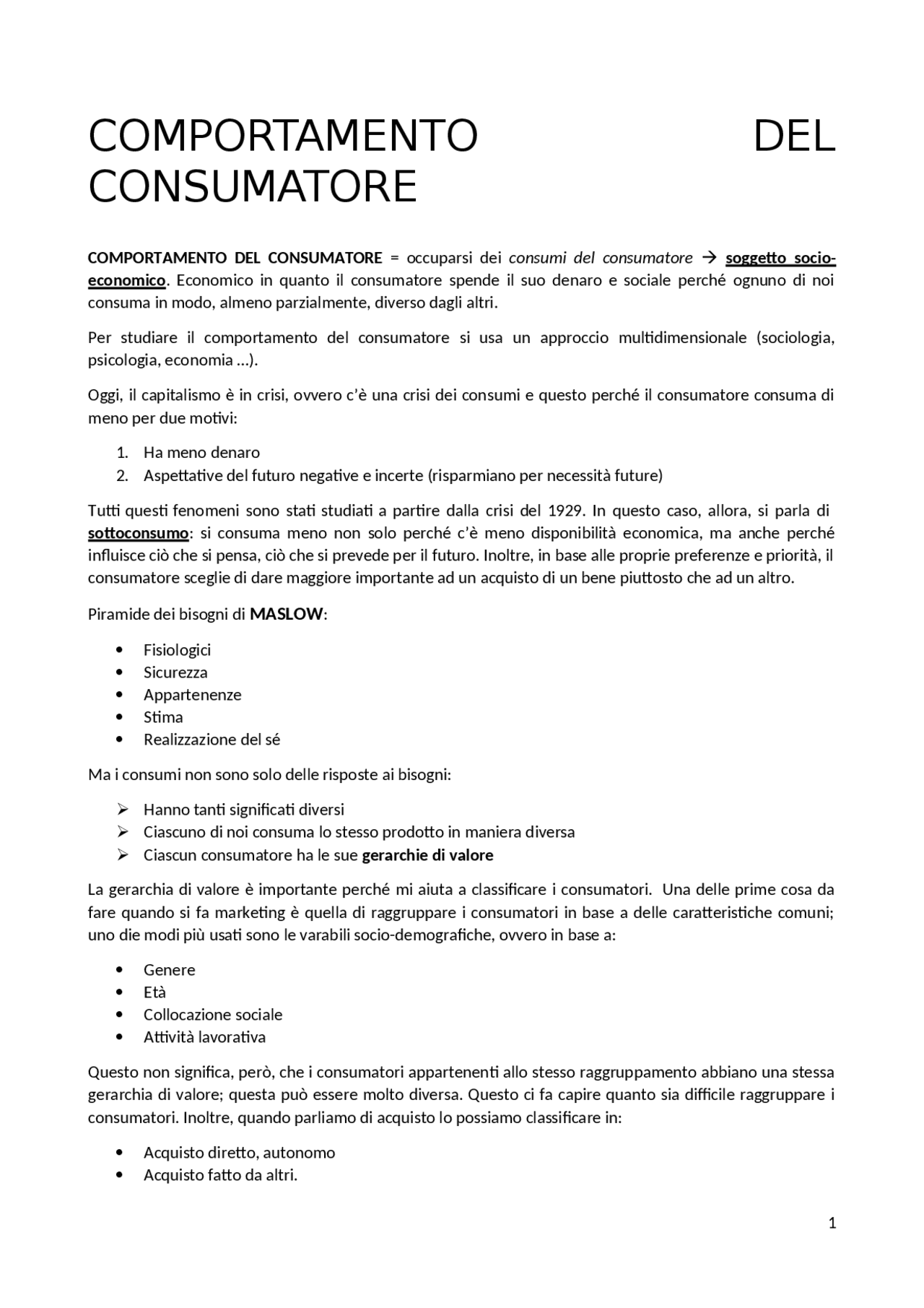 Comportamento del consumatore - Docsity