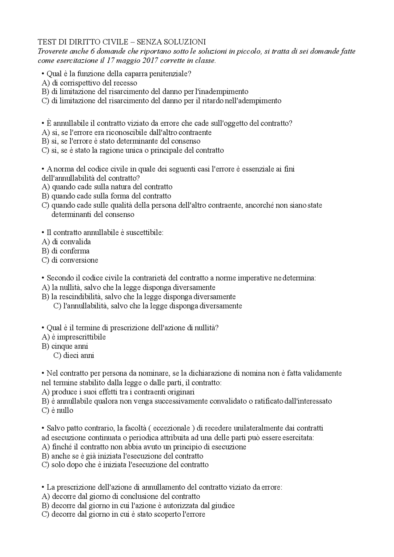 Esercitazione Test Diritto Civile 1 Docsity