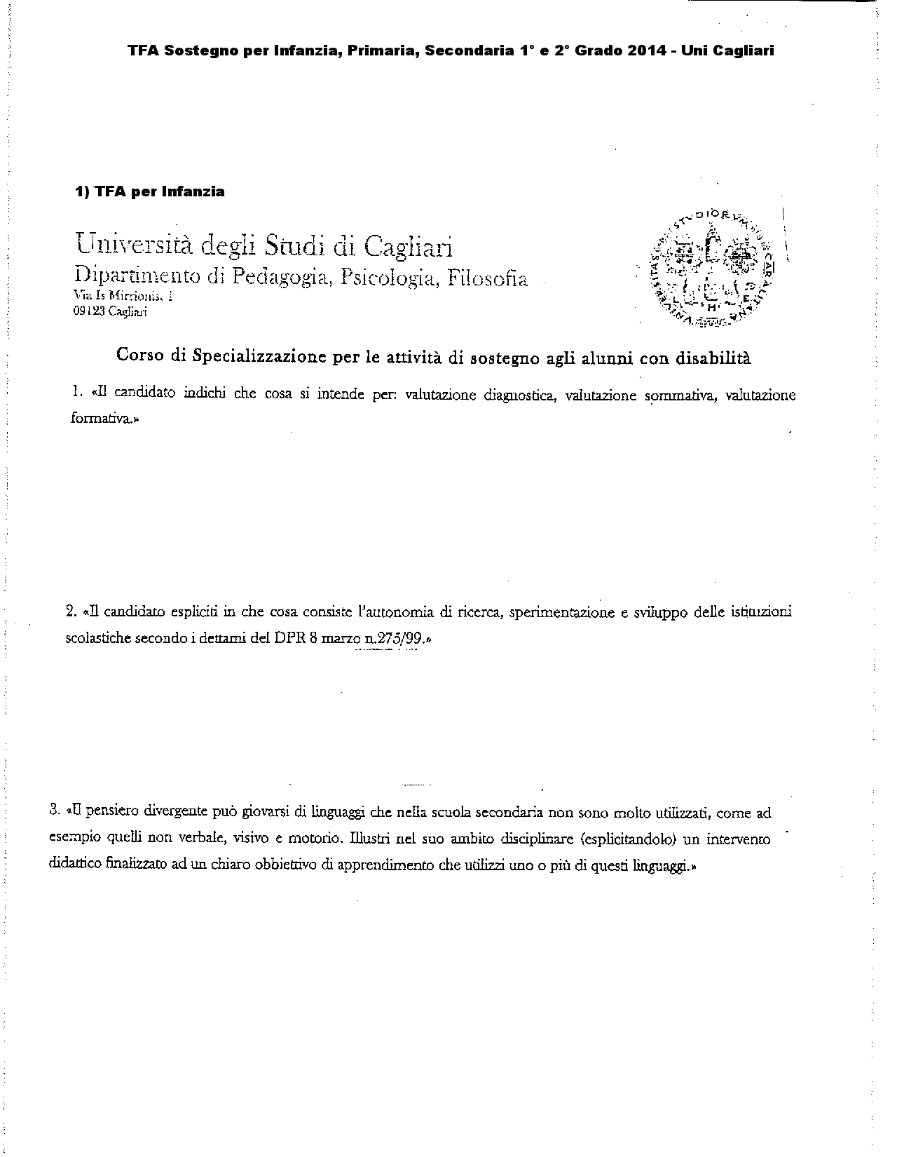 Tfa Sostegno Per Infanzia Primaria Secondaria 1° E 2° Grado 2014