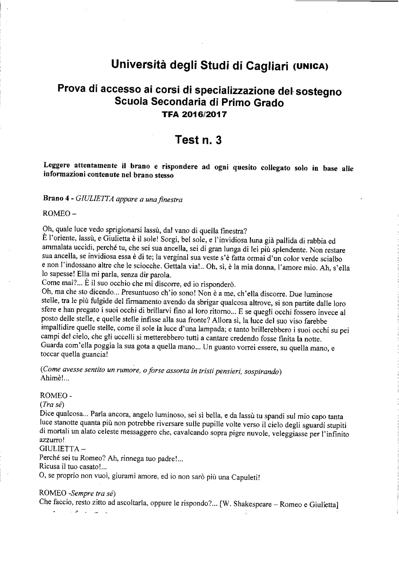 Prova Di Accesso Tfa Per Scuola Secondaria 1° Grado Unica Docsity