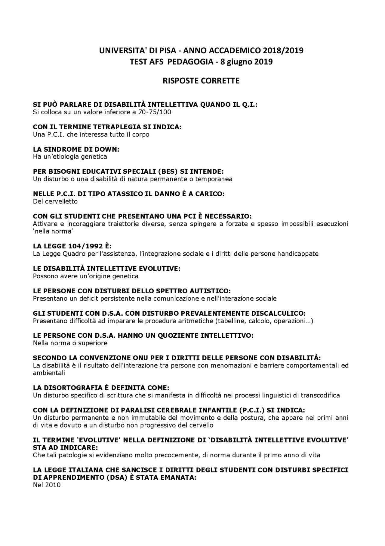Esame Pf24 Test Afs Con Risposte Di Pedagogia Giugno 2019 Università