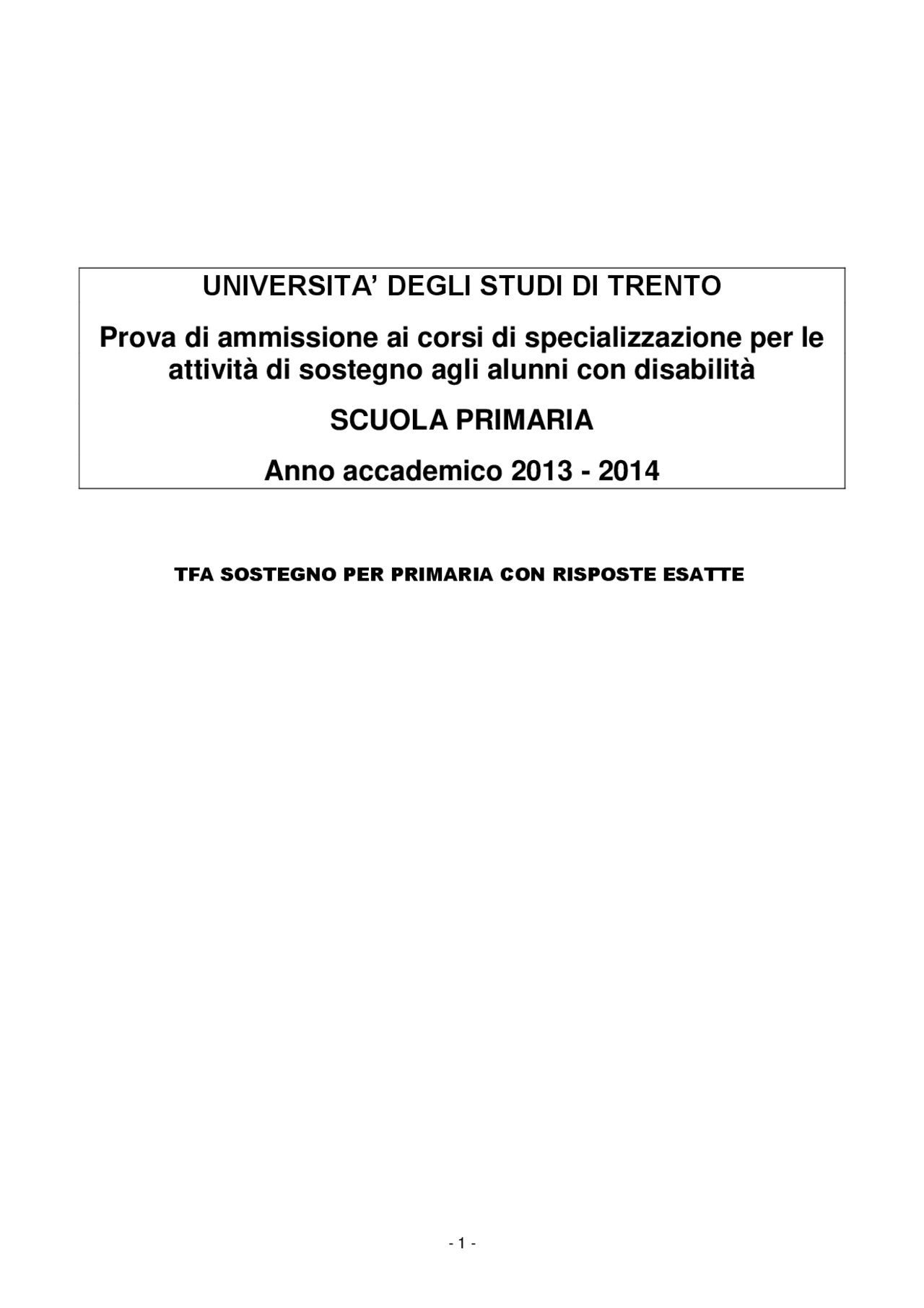 Tfa Sostegno Per Scuola Primaria Con Risposte Esatte 2014 Trento