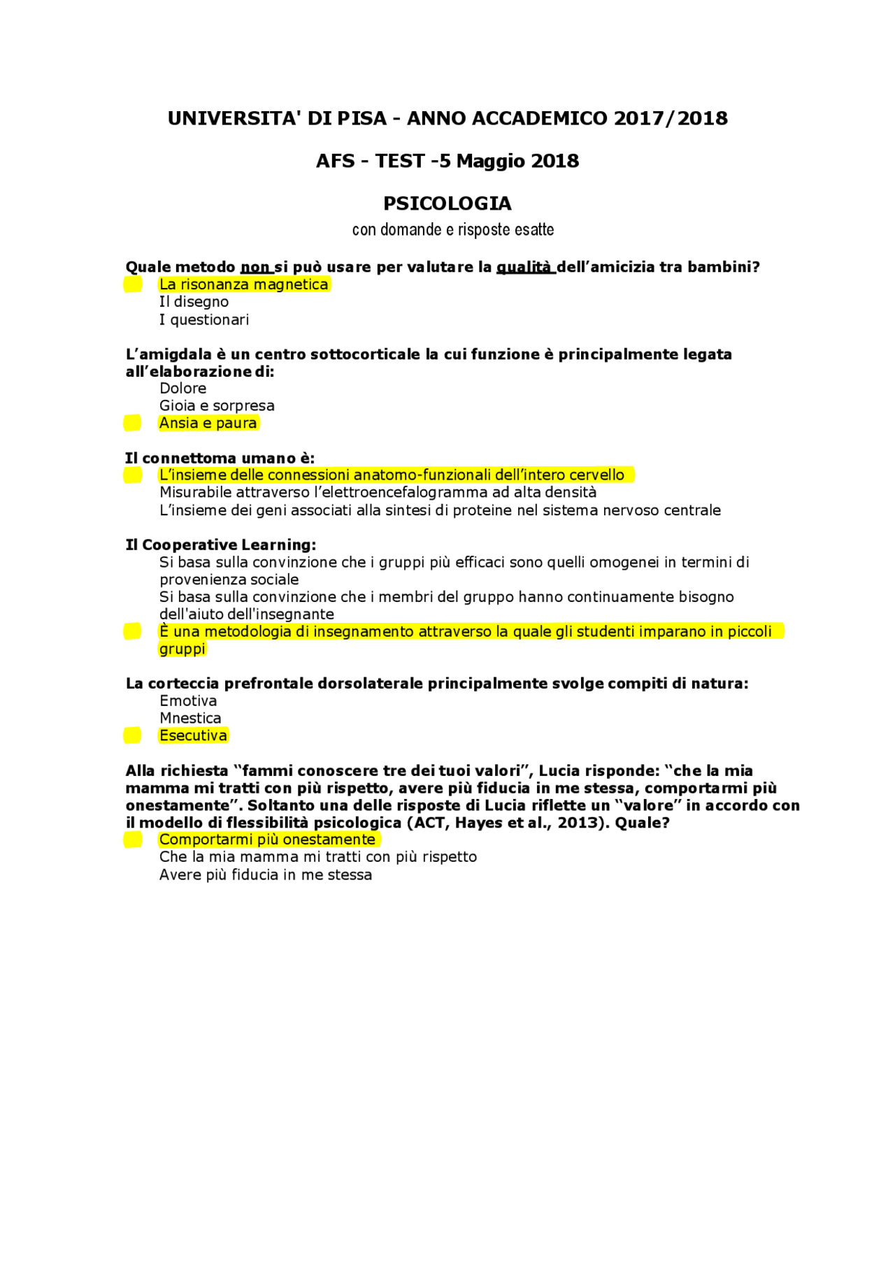 Test Afs Psicologia Con Risposte Maggio 2018 Unipi Docsity
