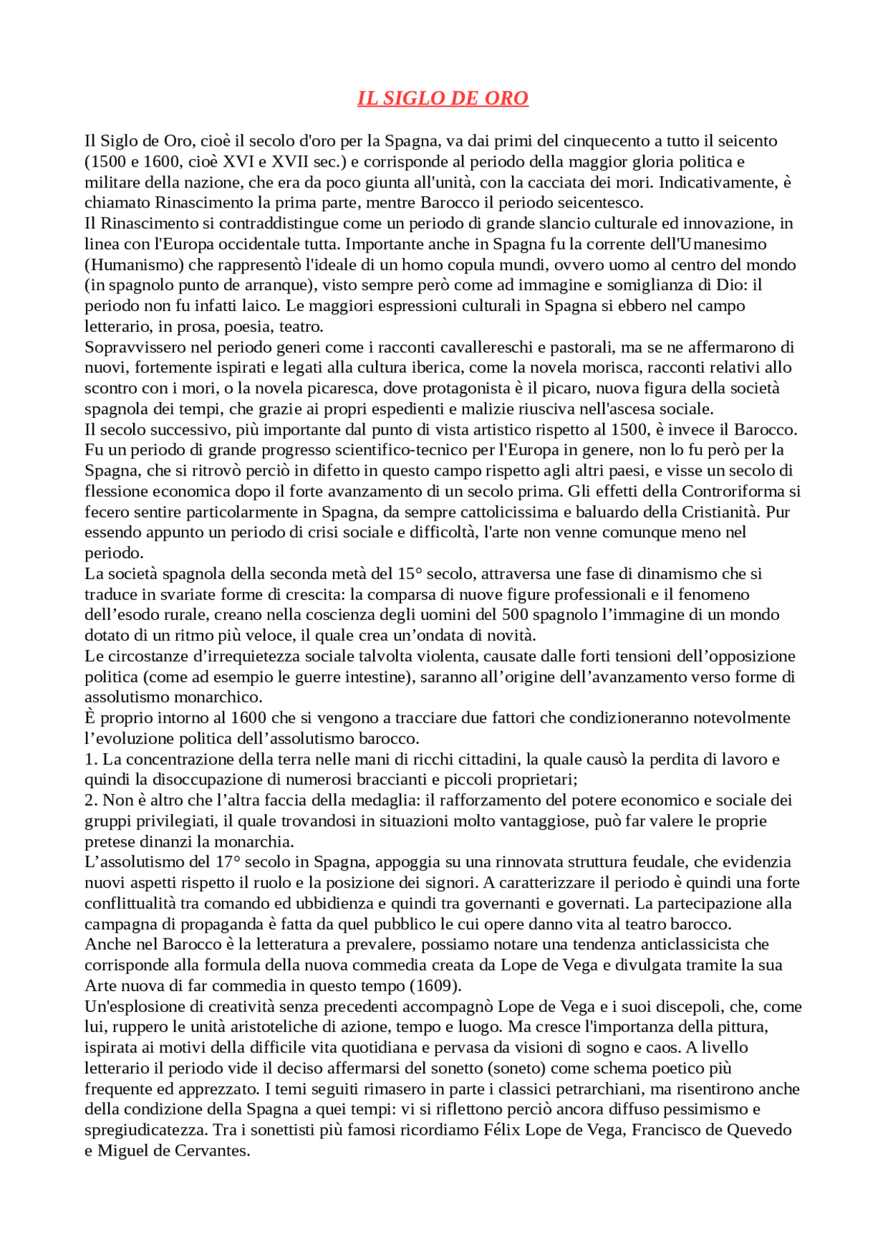 Appunti Sul Siglo De Oro Appunti Di Lingua Spagnola Docsity