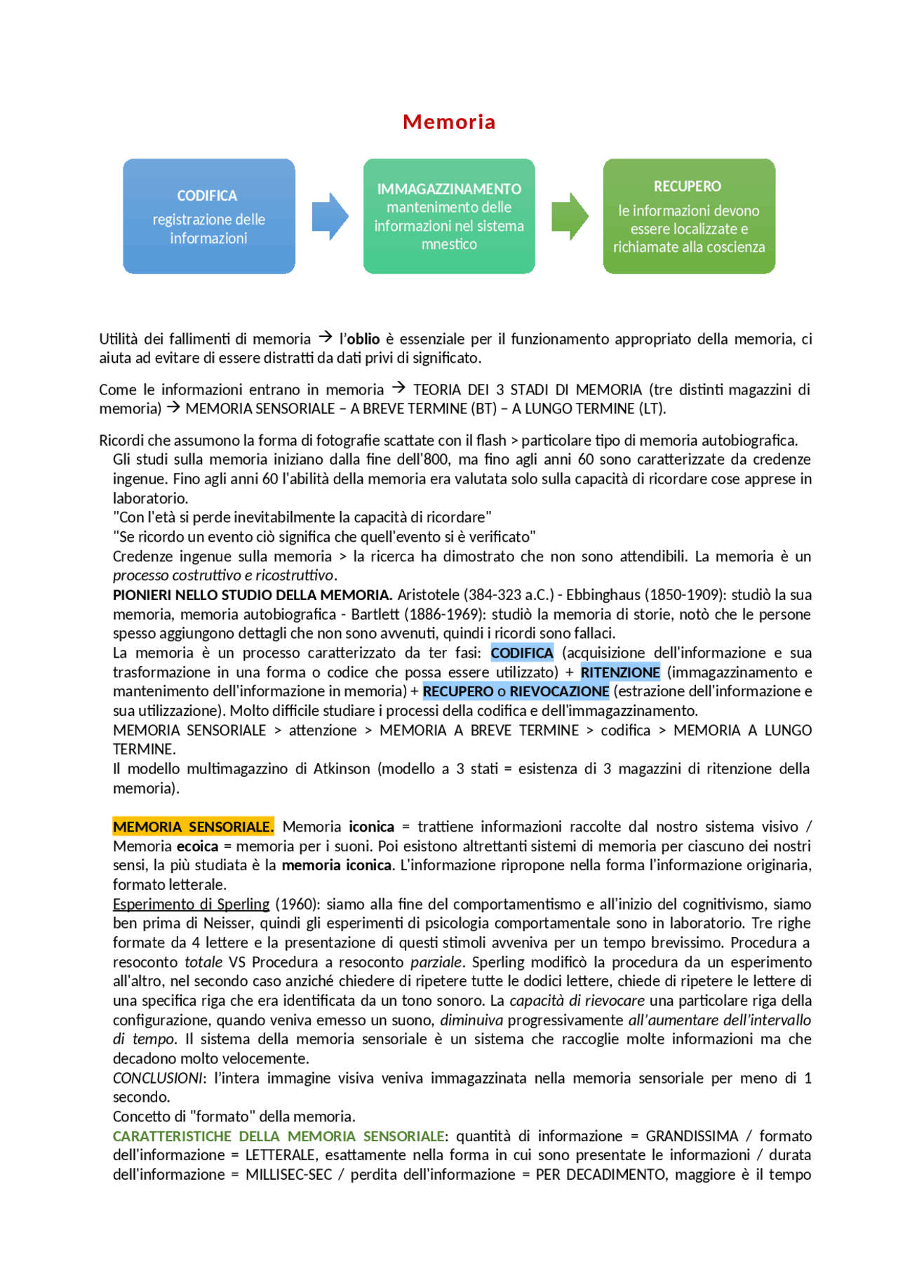 Memoria Psicologia Generale Riassunto Docsity