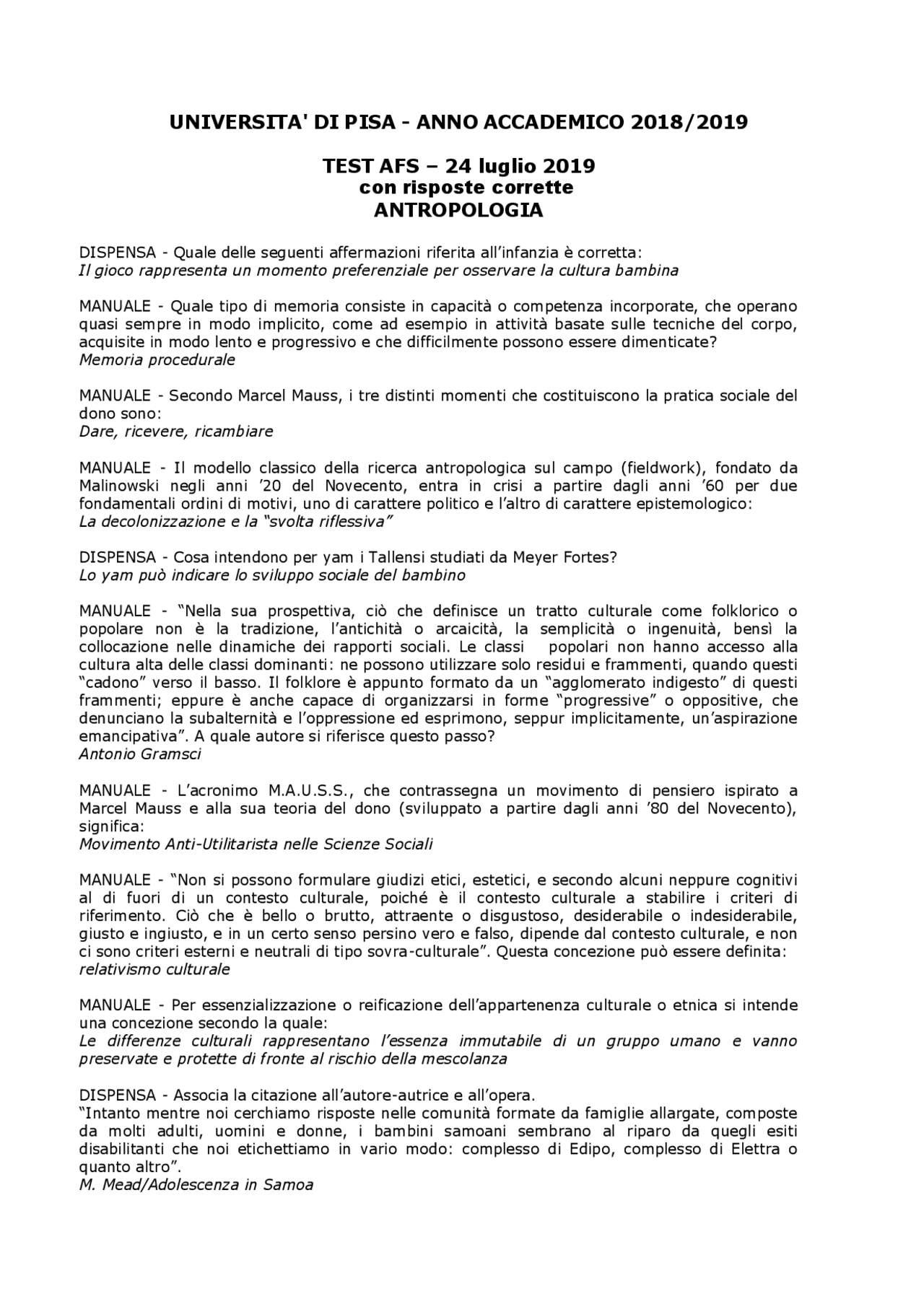 Test Afs Con Risposte Di Antropologia Luglio 2019 Università Di Pisa