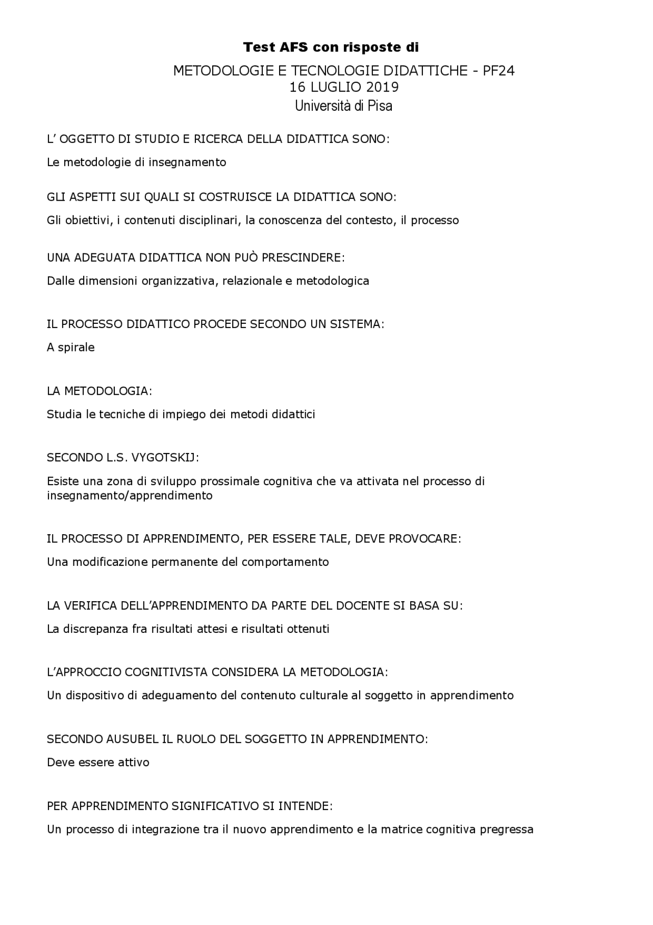 Test Afs Con Risposte Di Metodologie E Tecnologie Didattiche Luglio