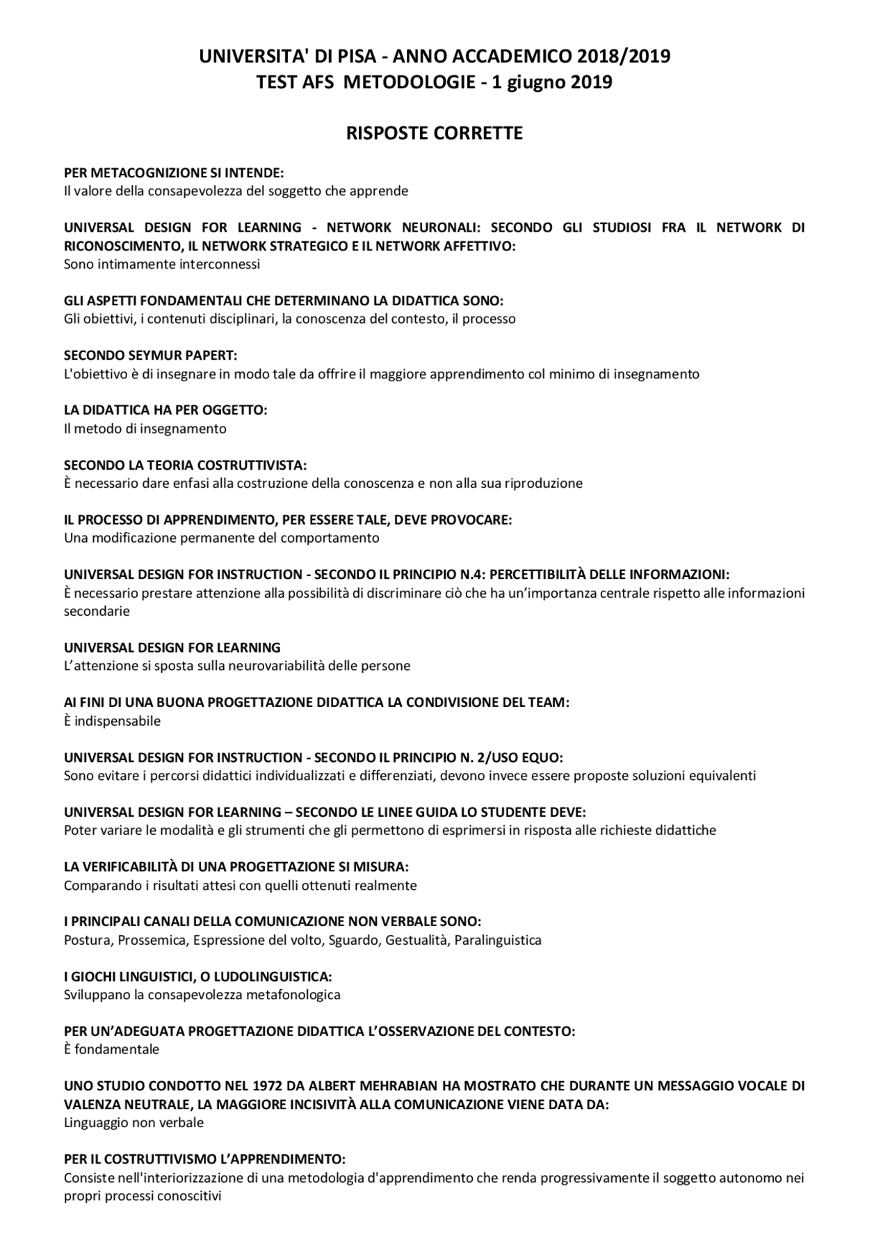 Test Afs Con Risposte Di Metodologie E Tecnologie Didattiche Giugno