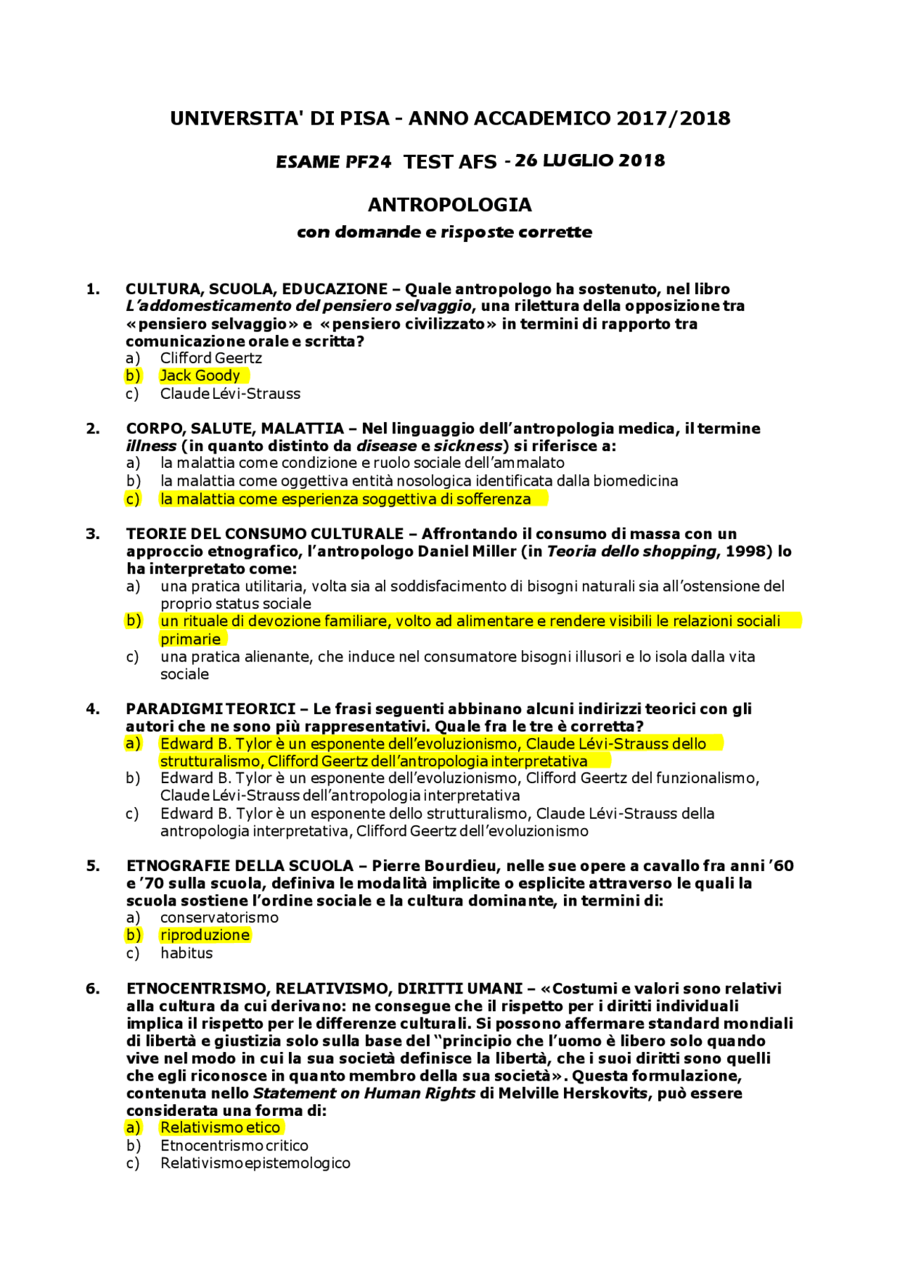 Esame Pf24 Di Antropologia Con Risposte Luglio 2018 Unipi Docsity