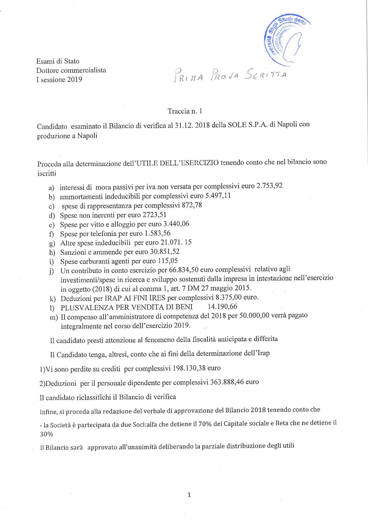 Tracce Esame Di Stato Dottore Commercialista 1° Sessione 2019 Unibas