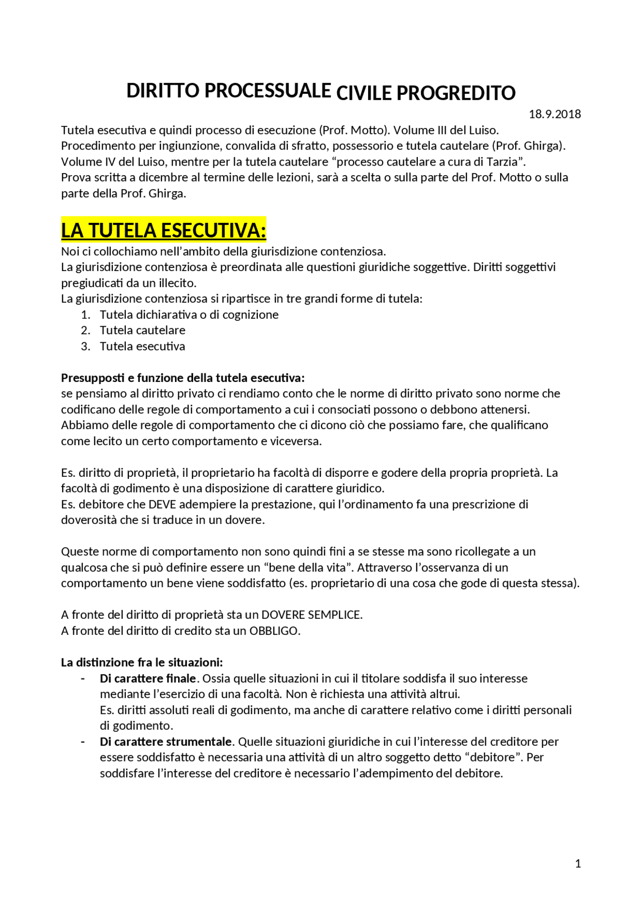 Diritto Processuale Civile Tutela Esecutiva Docsity