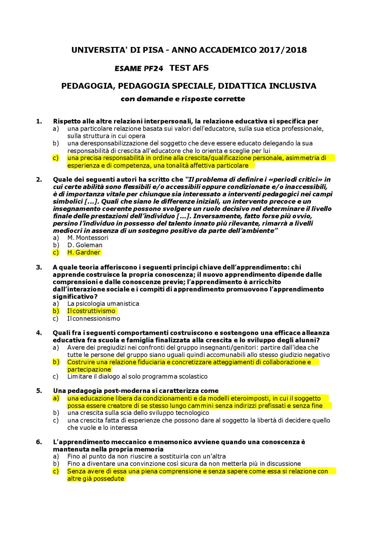 Esame Pf24 Di Pedagogia Con Risposte Luglio 2018 Unipi Docsity