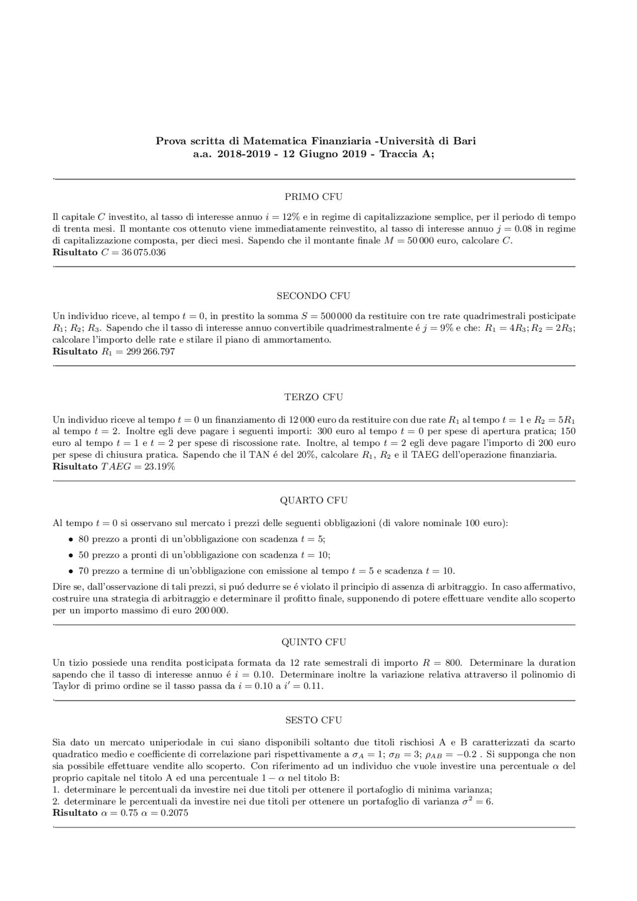 Traccia Esame Matematica Finanziaria Docsity