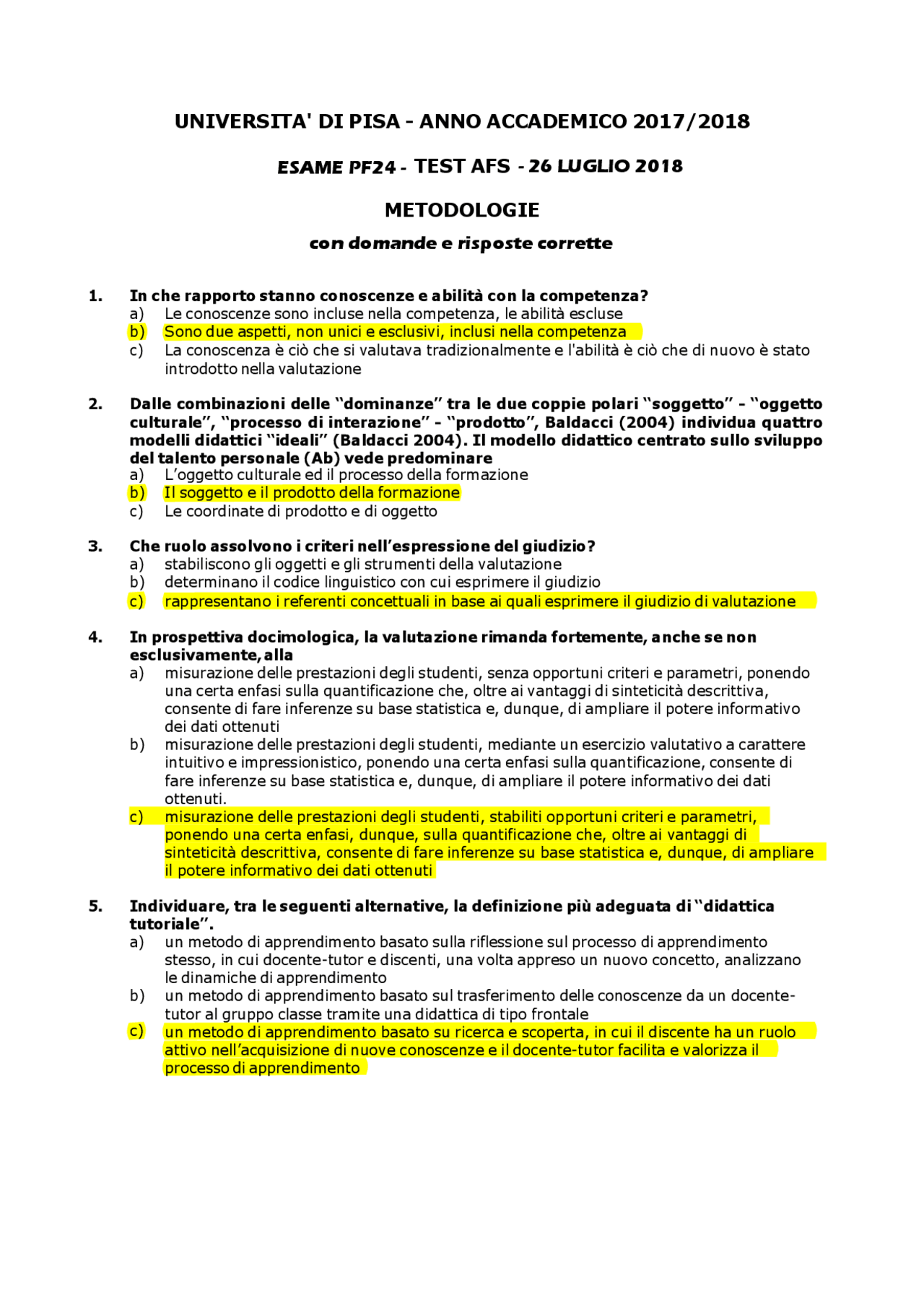 Esame Pf24 Di Metodologie Con Risposte Luglio 2018 Unipi Docsity