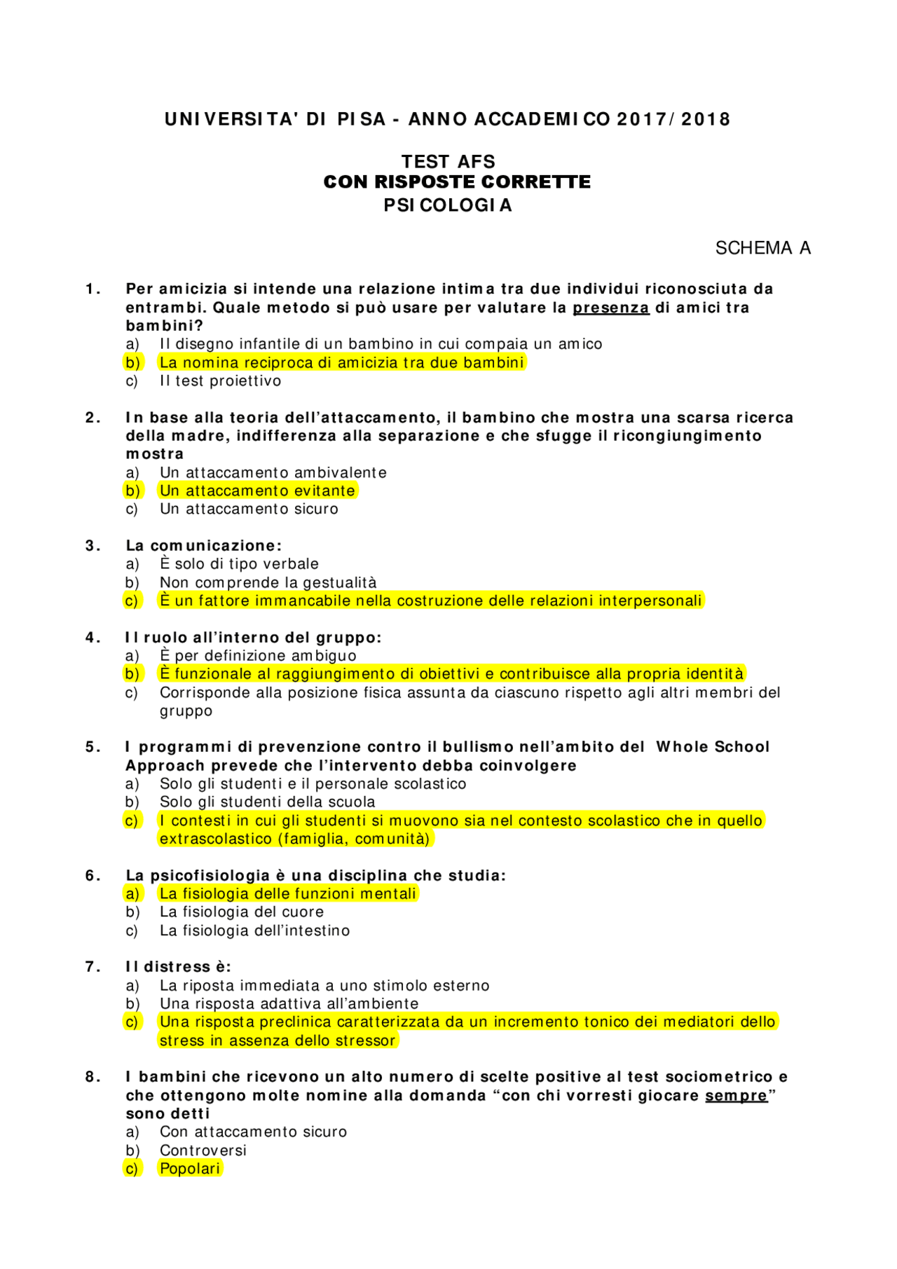 Test Afs Con Risposte Corrette Di Psicologia Febbraio 2018 Università