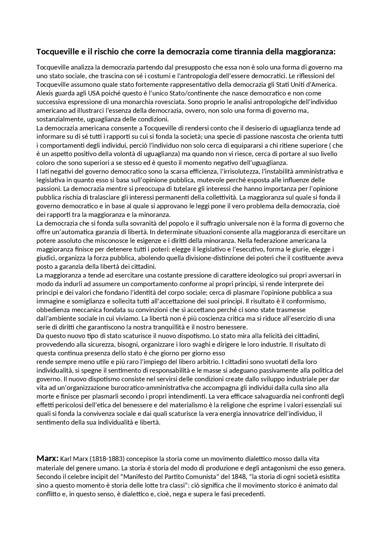 Appunti Tocqueville E Marx Docsity