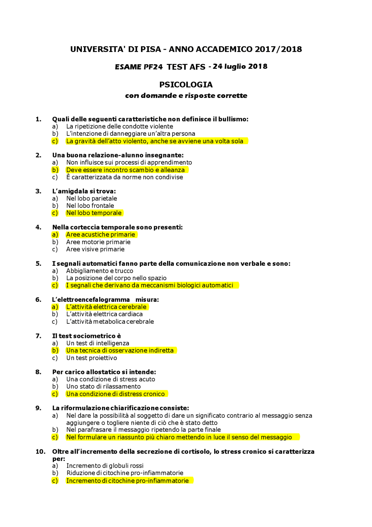 Esame Pf24 Di Psicologia Con Risposte Luglio 2018 Unipi Docsity