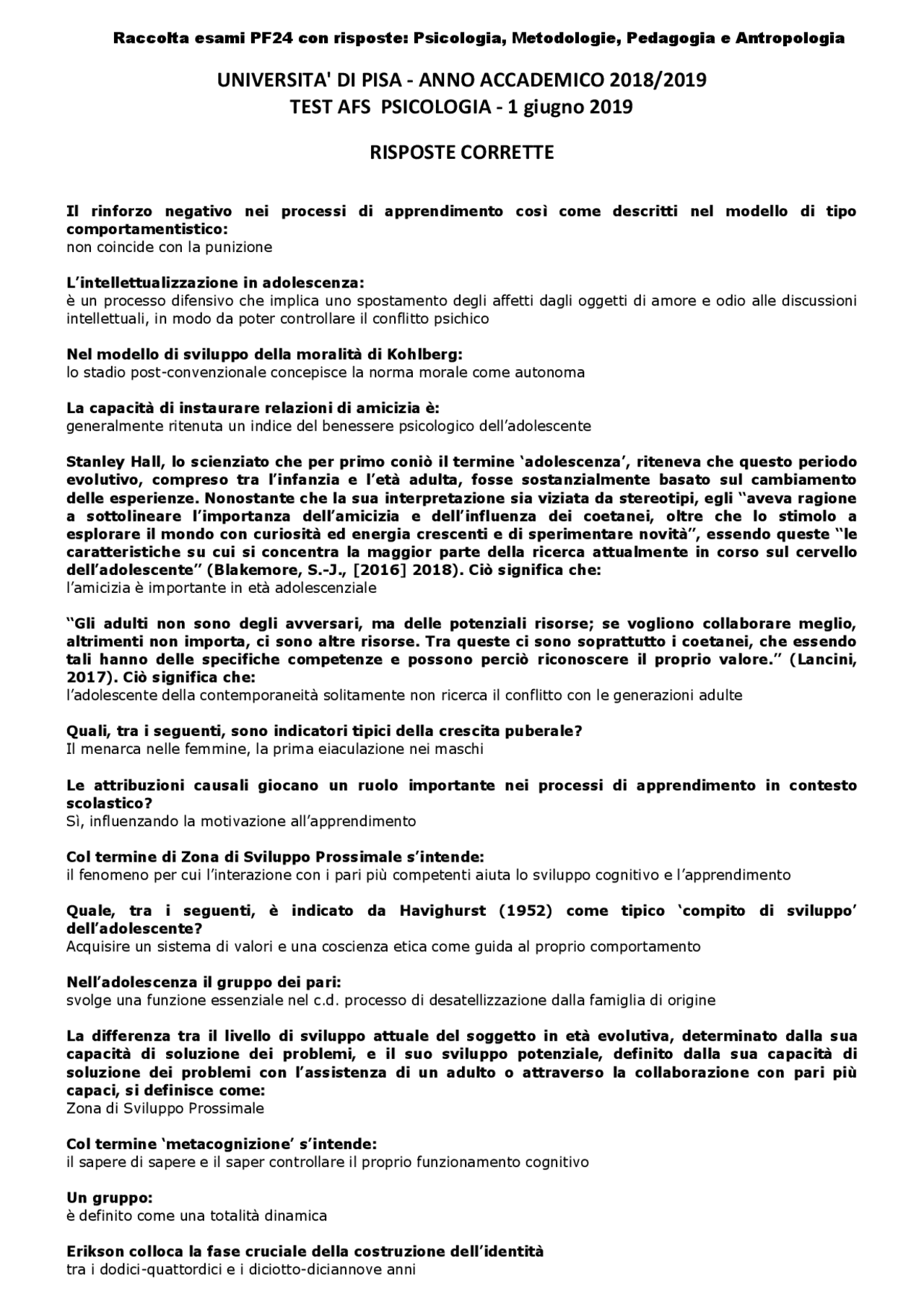 Raccolta Esami Pf24 Con Risposte Giugno 2019 Università Di Pisa Docsity